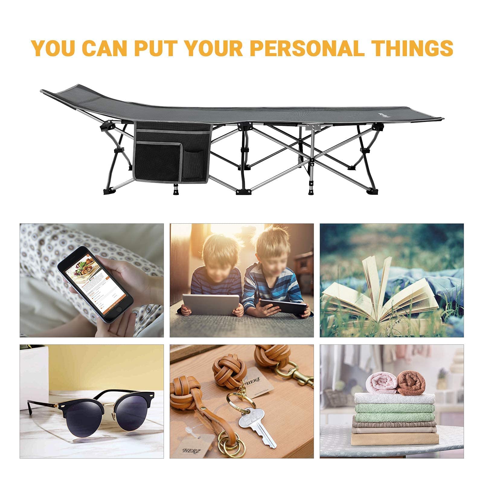 KingCamp Folding Camping Cot Lightweight Sleeping Cot Portable with Carry Bag Double Layer 1000D Sturdy Cot Heavy Duty Camping Bed for Adults Outdoor Travel, Hiking, Office Support 265lbs Gray