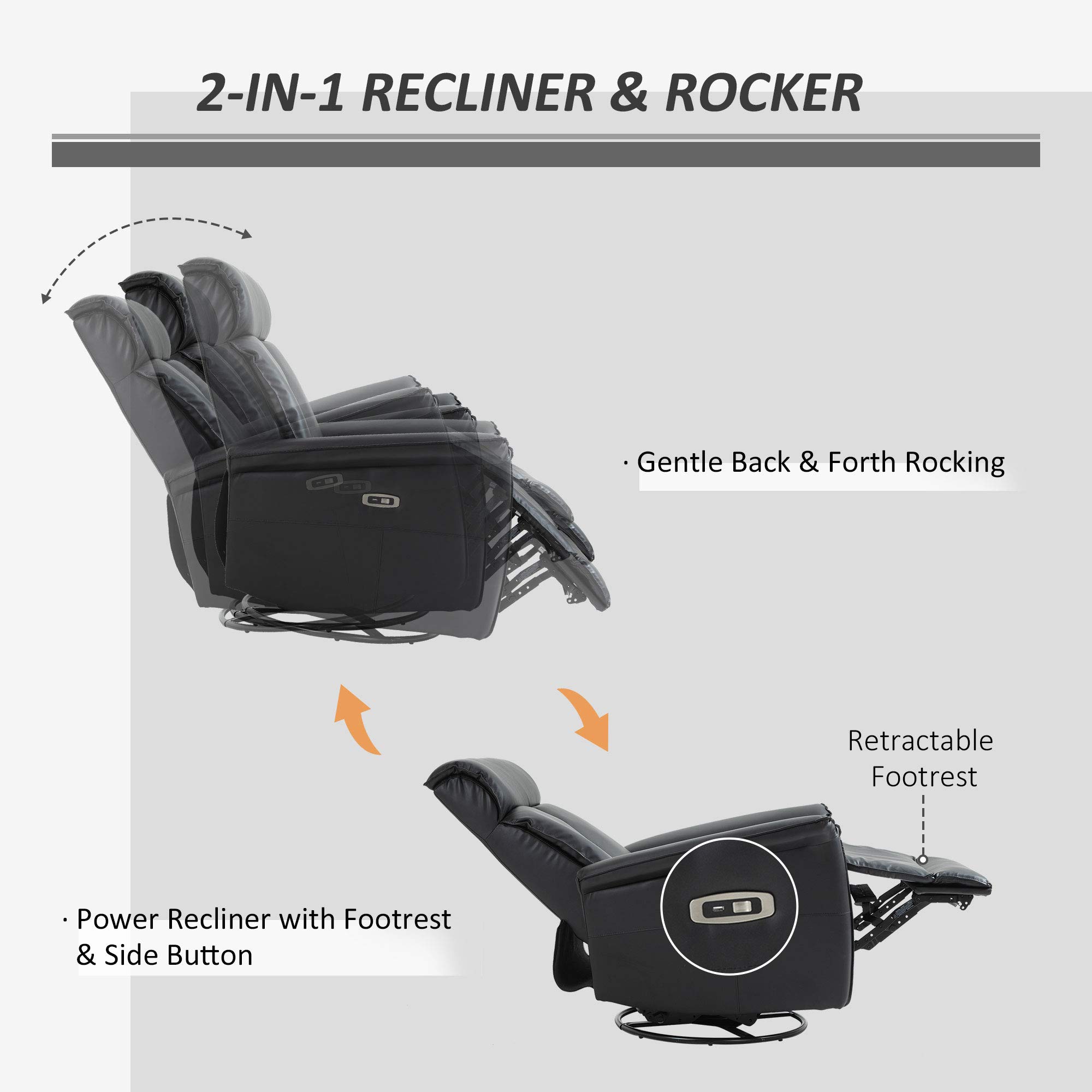 HOMCOM Modern Electronic Power Recliner with 360 Swivel Rotation, USB Charging Port and Footrest, Black