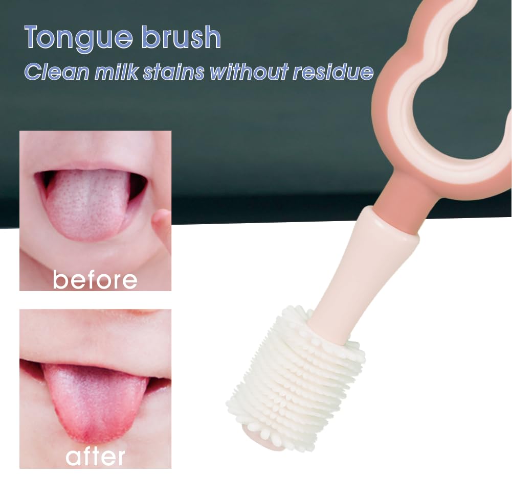 MQIZE 360° Baby Toothbrush Replaceable Baby Tongue Cleaner Clean Adjustable Safety Shield Soft Toddler Training Toothbrush Food Grade Silicone (Blue)