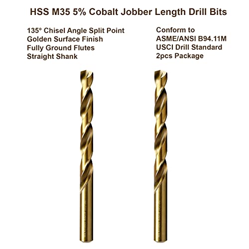 MAXTOOL 9/32" 2pcs Identical Jobber Length Drills HSS M35 Twist Drill Bits 5% Cobalt Fully Ground Golden Straight Shank Drills; JBF35G10R18P2