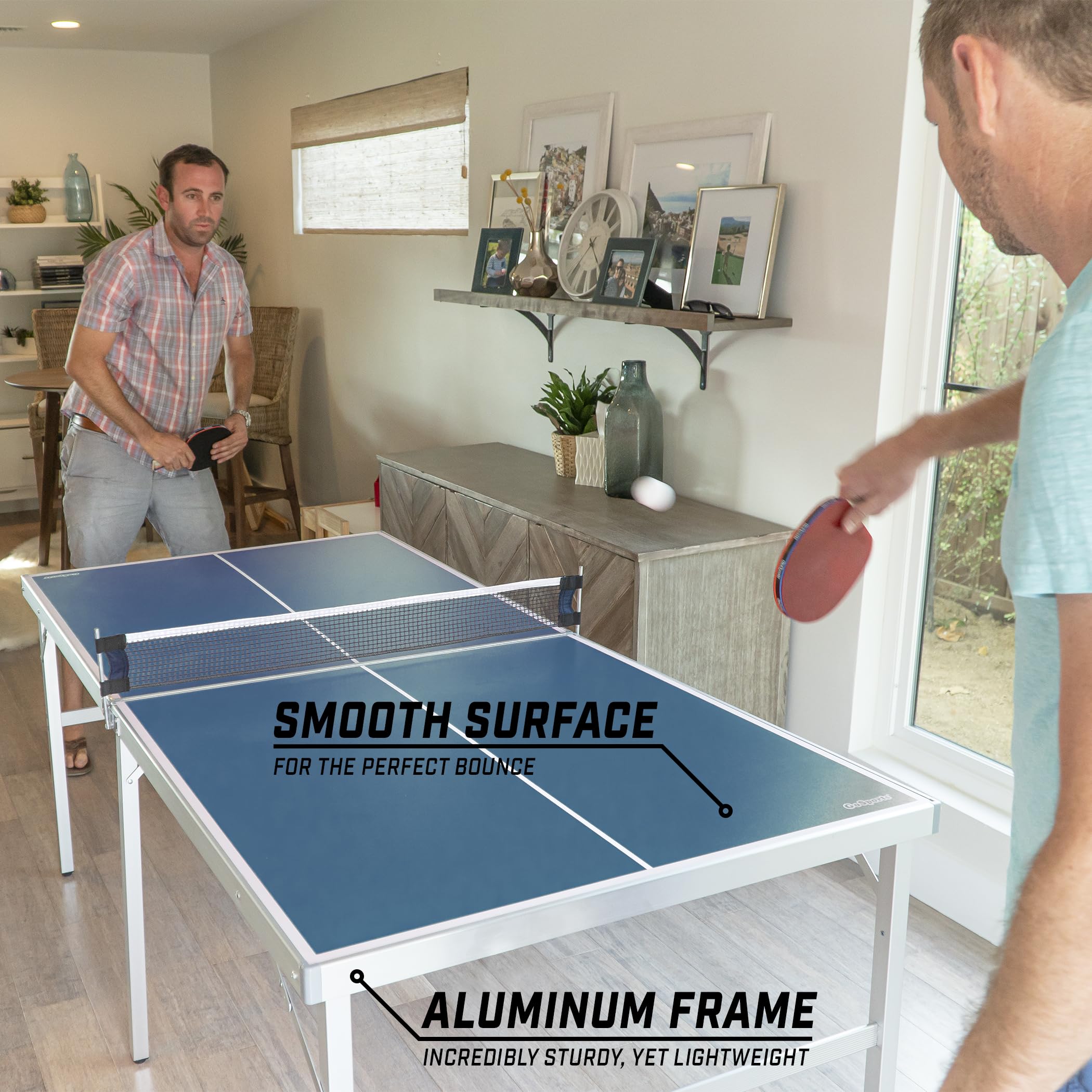 GoSports 6 ft x 3 ft Mid-size Table Tennis Game Set - Indoor / Outdoor Portable Table Tennis Game with Net, 2 Table Tennis Paddles and 4 Balls