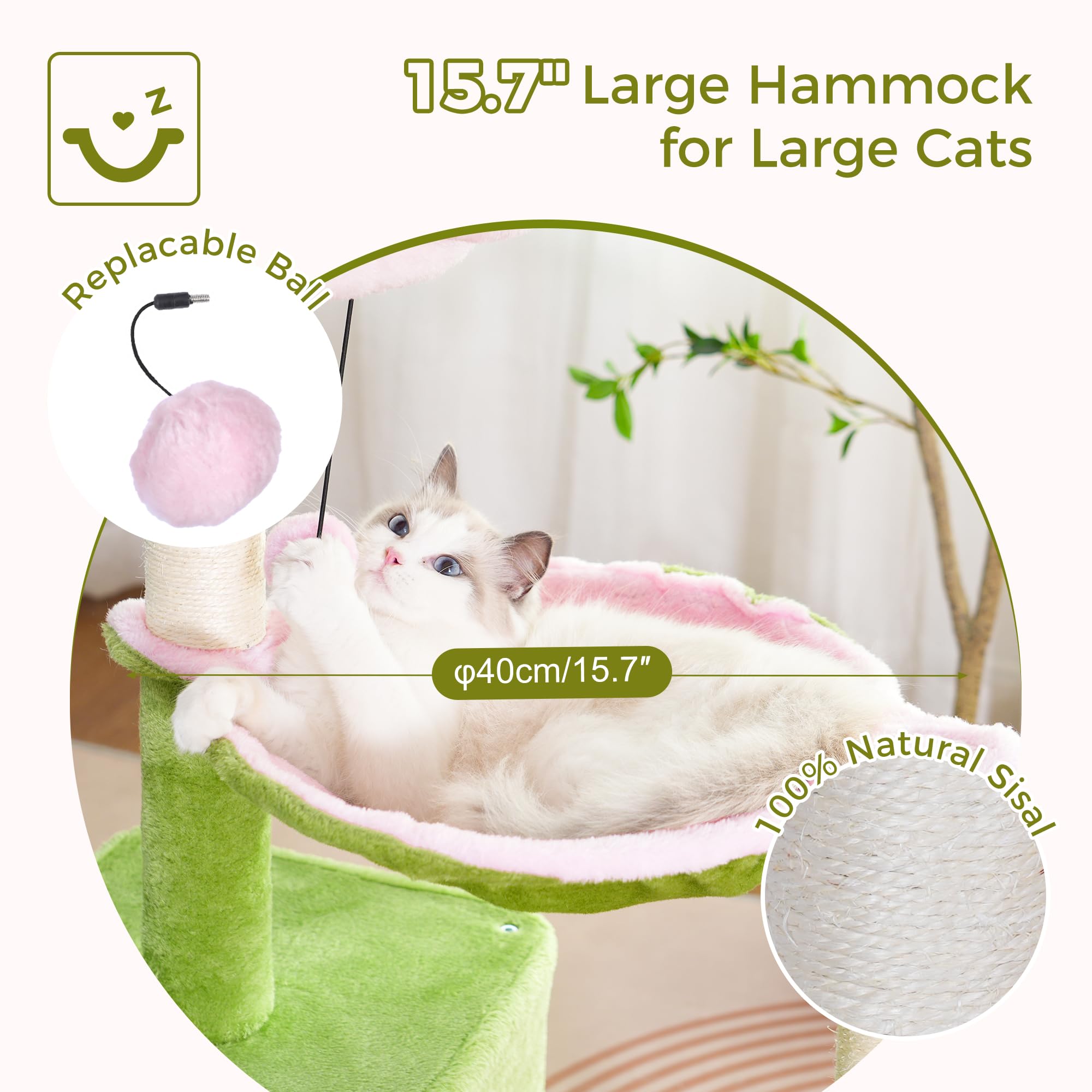 Pawfessor Flower Cat Tree 4 in 1 Cat Scratching Post for Indoor Cats 34" Small Cat Tower for Large Cats, with Full Scratch Posts,15.7”Large Hammock, Removable Perch and Wide Condo for Indoor Cats-Pink