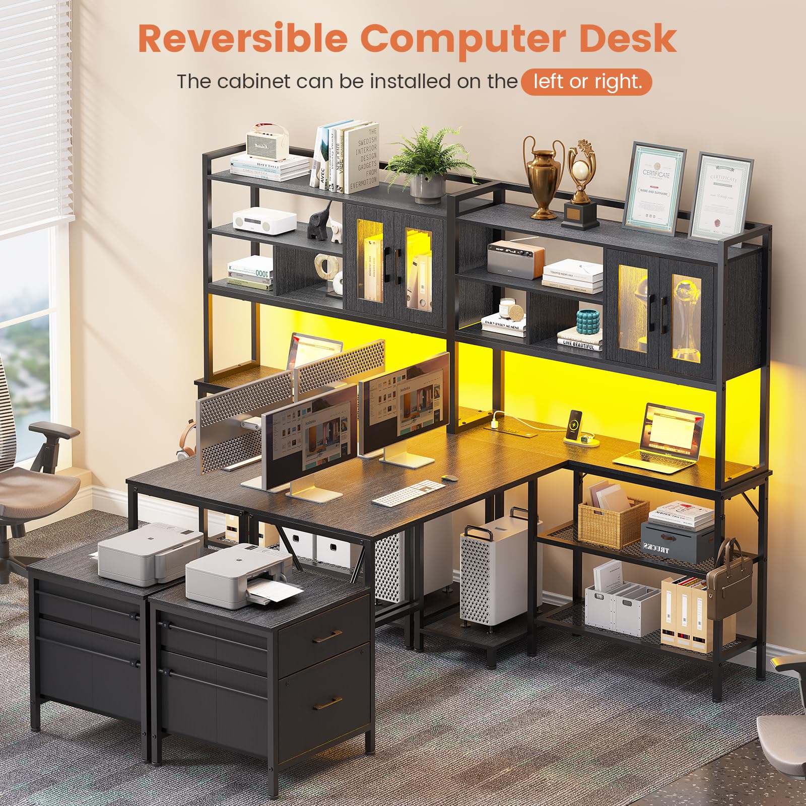 UPOSOJA L Shaped Gaming Desk with Hutch, Reversible Computer Desk with Drawers, Storage Shelves & Pegboard, Modern Home Office Desks with LED Lights & Power Outlet, Corner Desk Black