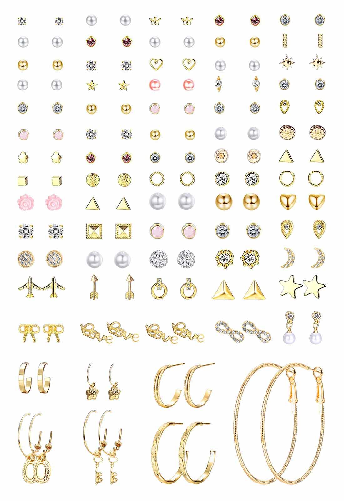 Jstyle 72 Pairs Assorted Multiple Stud Earrings for Women Small Gold Stud Earrings Set Cute Simple Pearl CZ Ball Heart Triangle Star Hoop Dangle Earrings Studs Set A