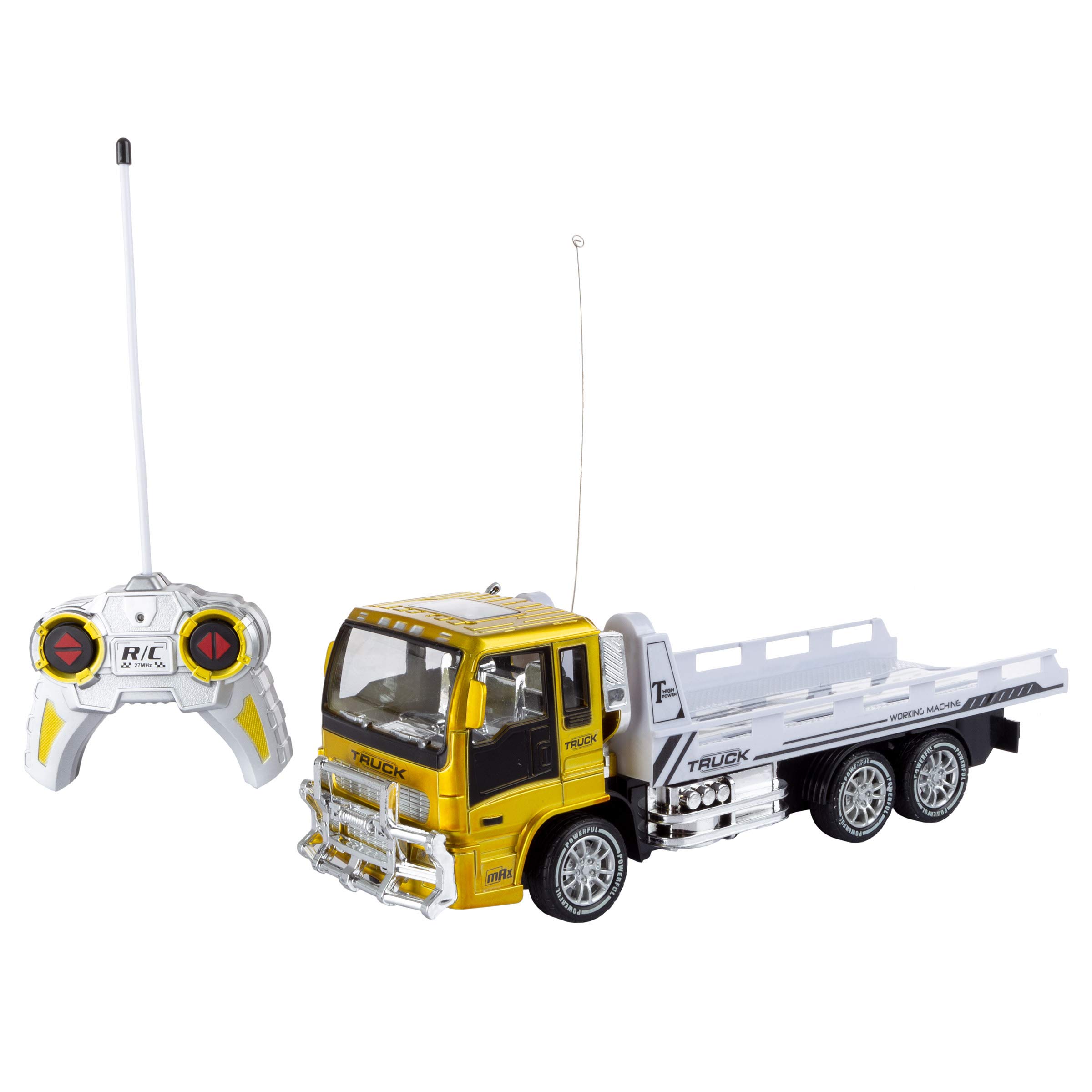 Hey! Play! Remote Control Flatbed Truck– 4 Channel Fully Functional RC Tractor Trailer with Lights and Sound, Transporting Toy for Kids