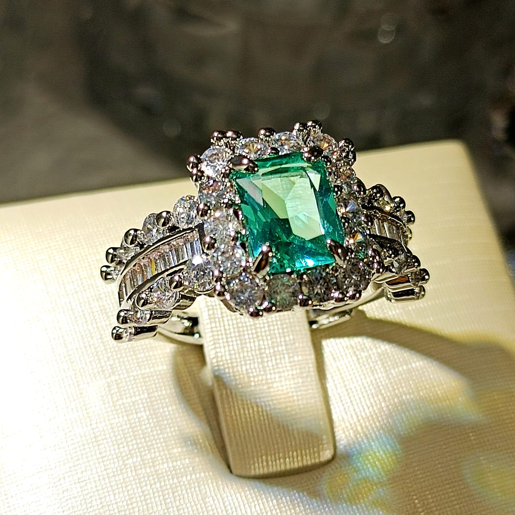 KINMOT Pretty Baguette Cut Shank Halo Sky Blue Square Zircon Engagement Rings Gift for Her