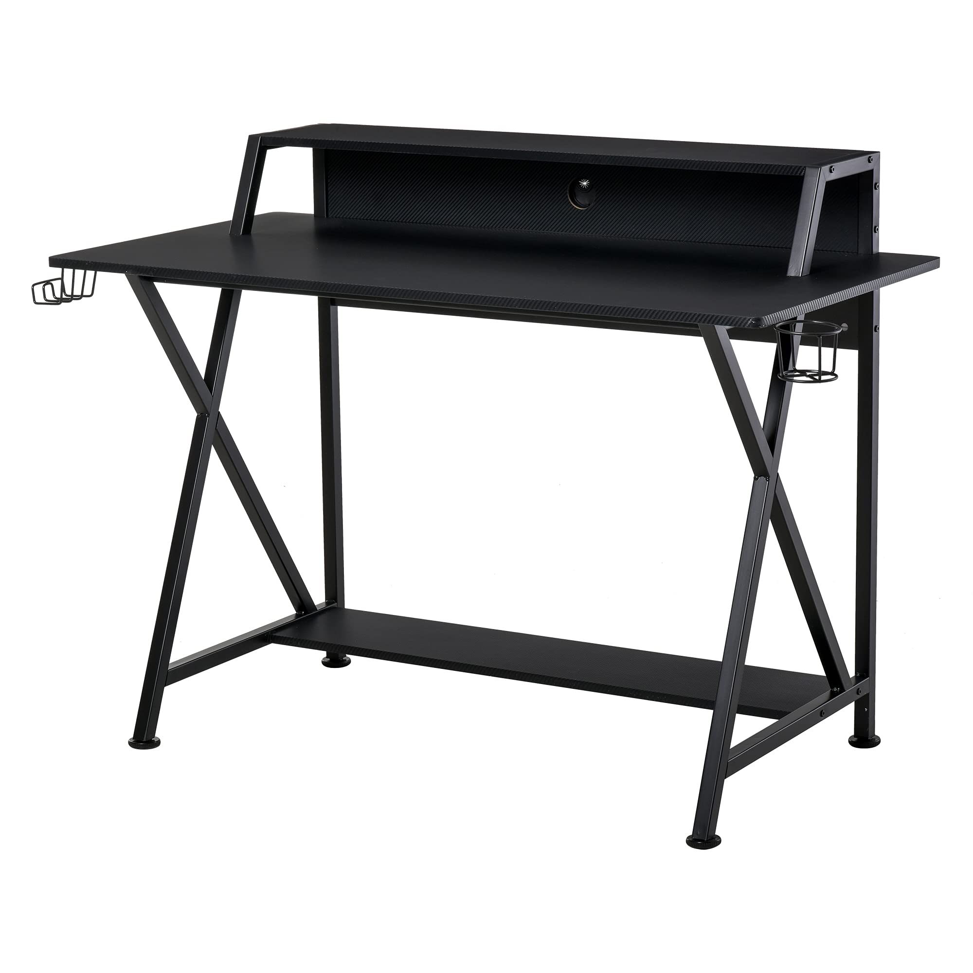 HOMCOM Racing Gaming Desk Carbon Fiber Style Computer Table with Elevated Monitor Shelf, Headphone Hook and Cup Holder, Black
