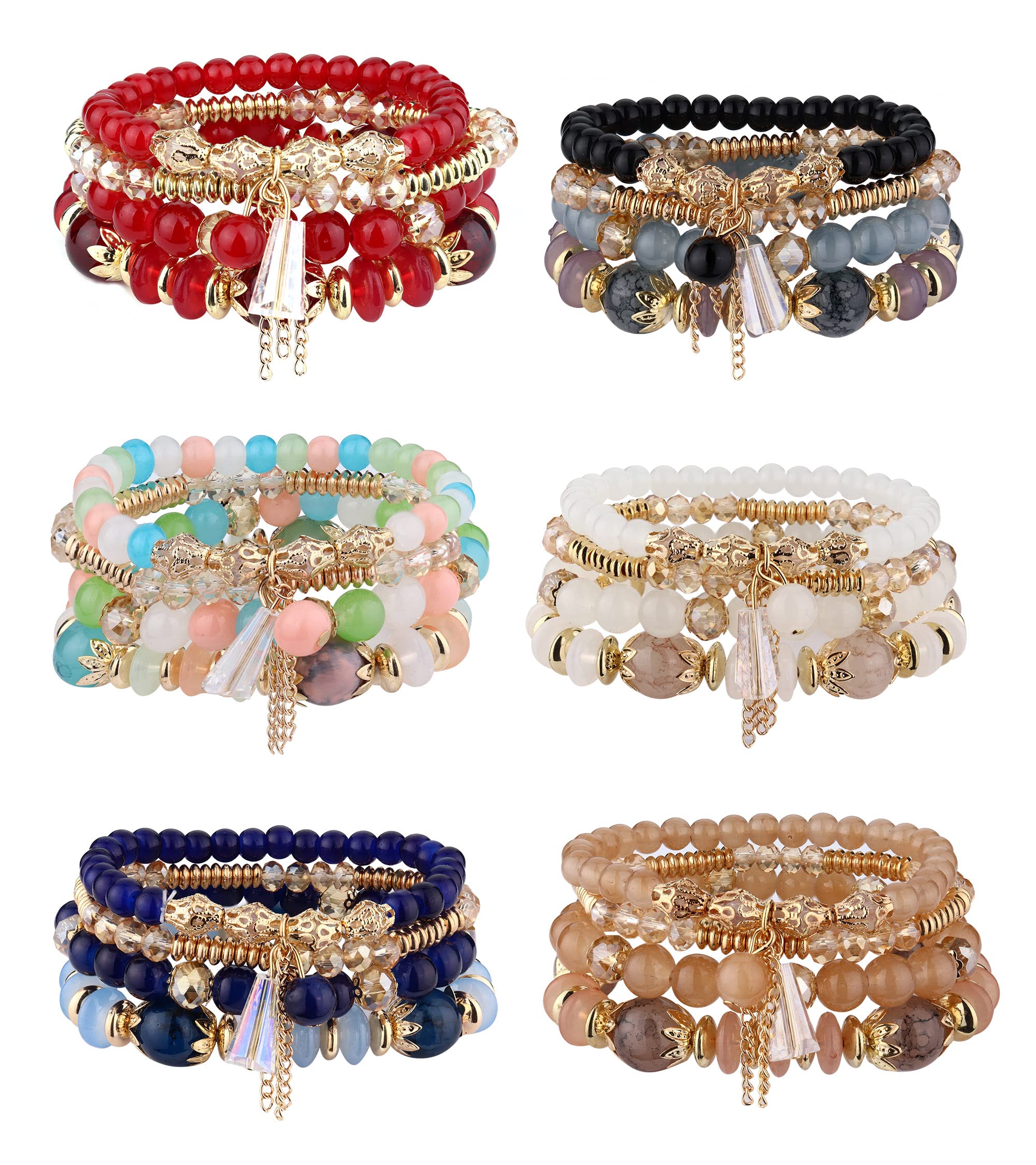 Jstyle 6 Sets Bohemian Stackable Beaded Bracelets for Women Aesthetic Stretch Multilayered Boho Bracelets Set Bohemian Bracelet