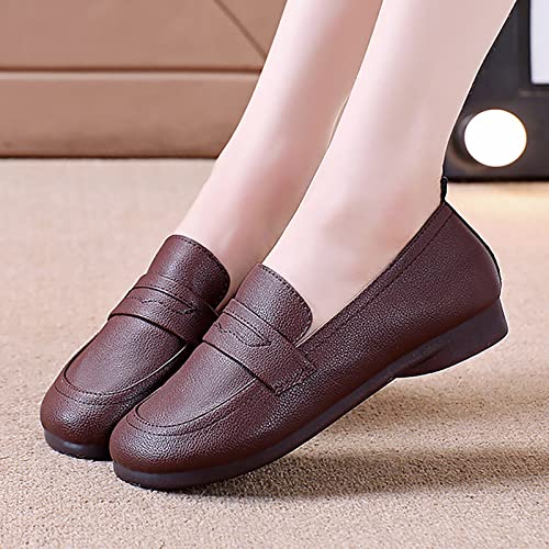 Leisure Women Artificial Leather Solid Color Autumn Thick Sole Flat Slip On Lazy People Round Toe Shoes Throwback Shoes Brown