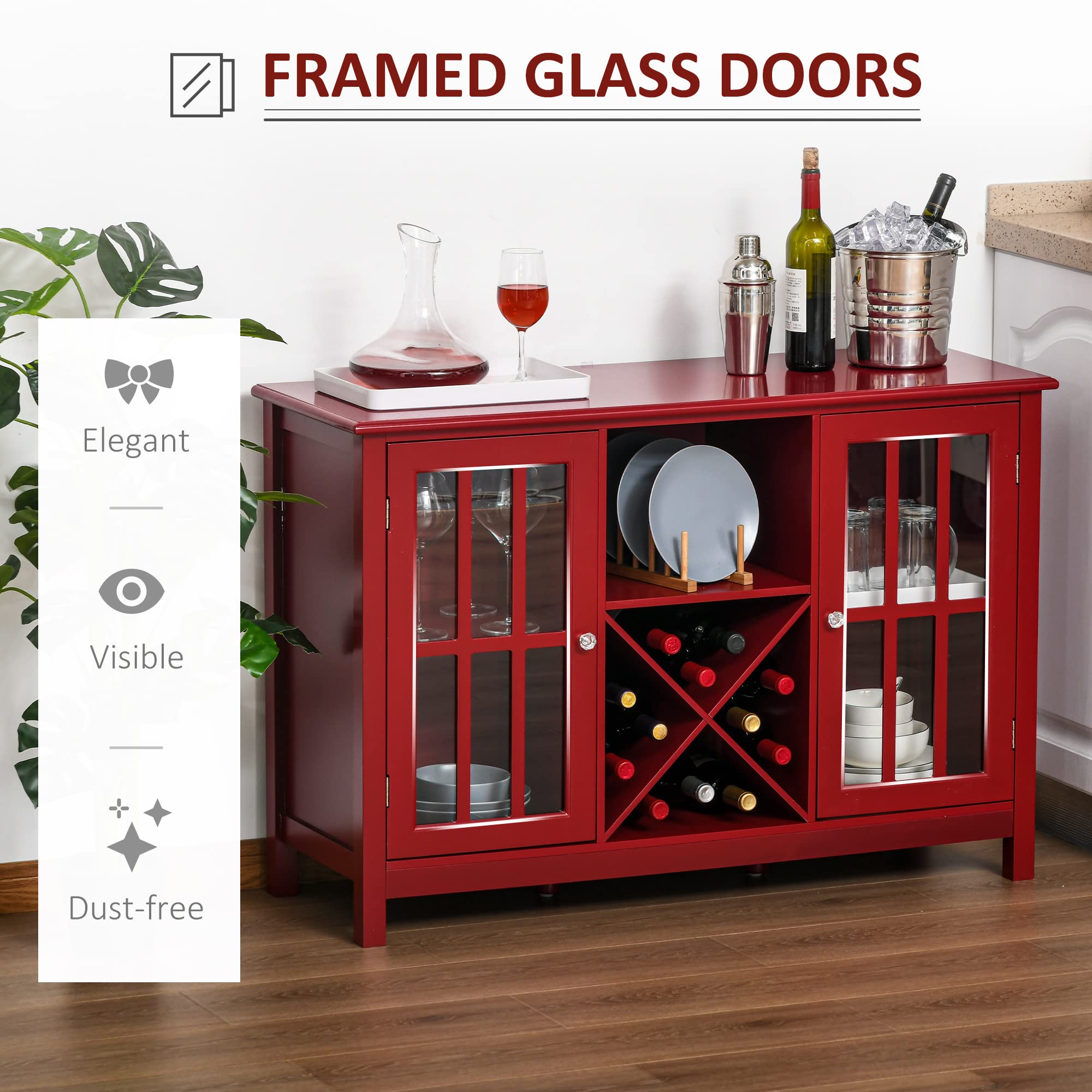 HOMCOM Sideboard, Glass Door Serving Buffet Cabinet, Liquor Cabinet with Adjustable Shelves, 12 Bottle Wine Rack for Living Room, Kitchen, Red