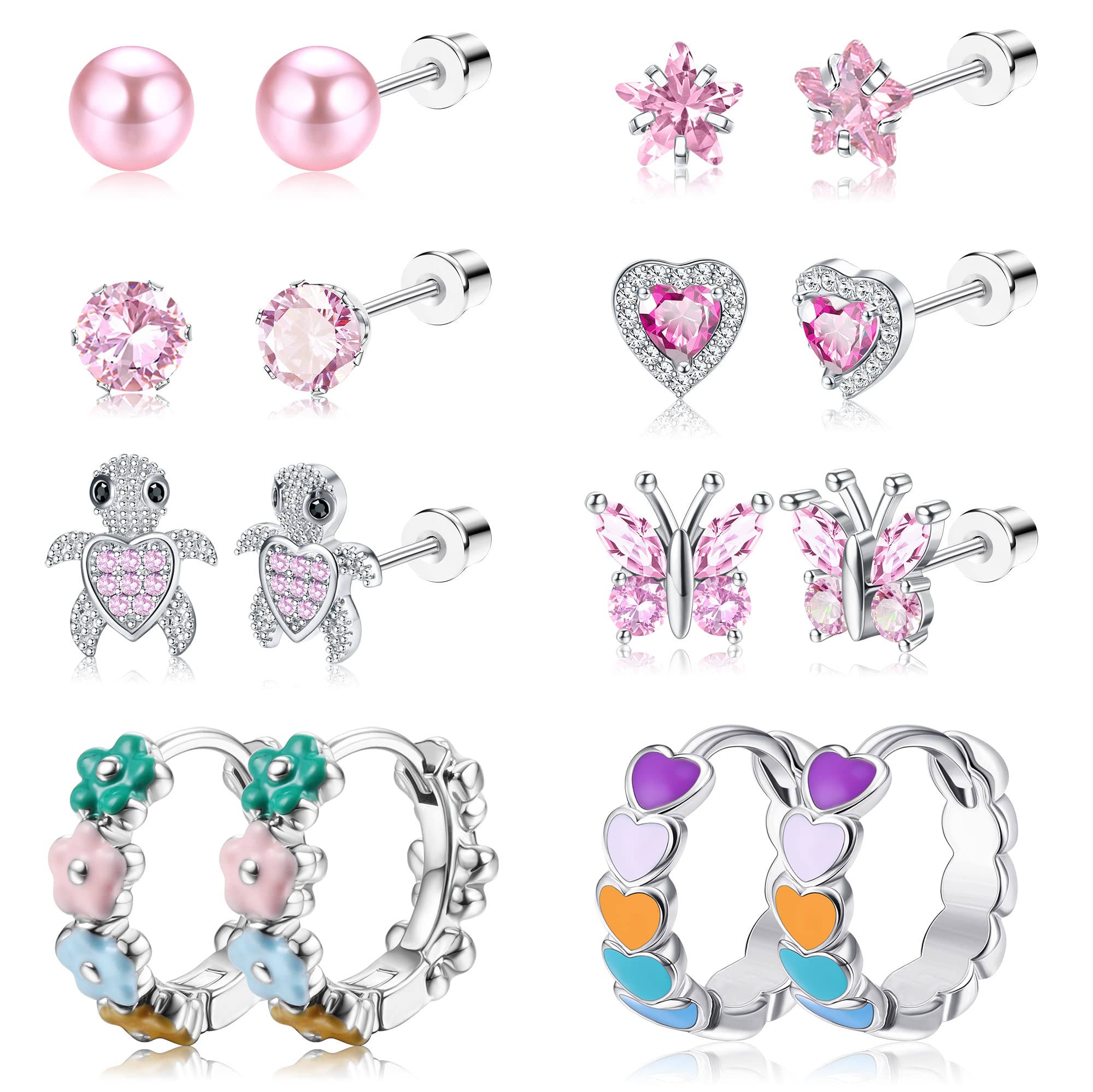 Jstyle 8 Pairs Hypoallergenic Screw Back Earrings for Girls Women 316L Stainless Steel Heart CZ Flower Butterfly Screwback Stud Earrings Cute Hoop Earring Set-Butterfly Style
