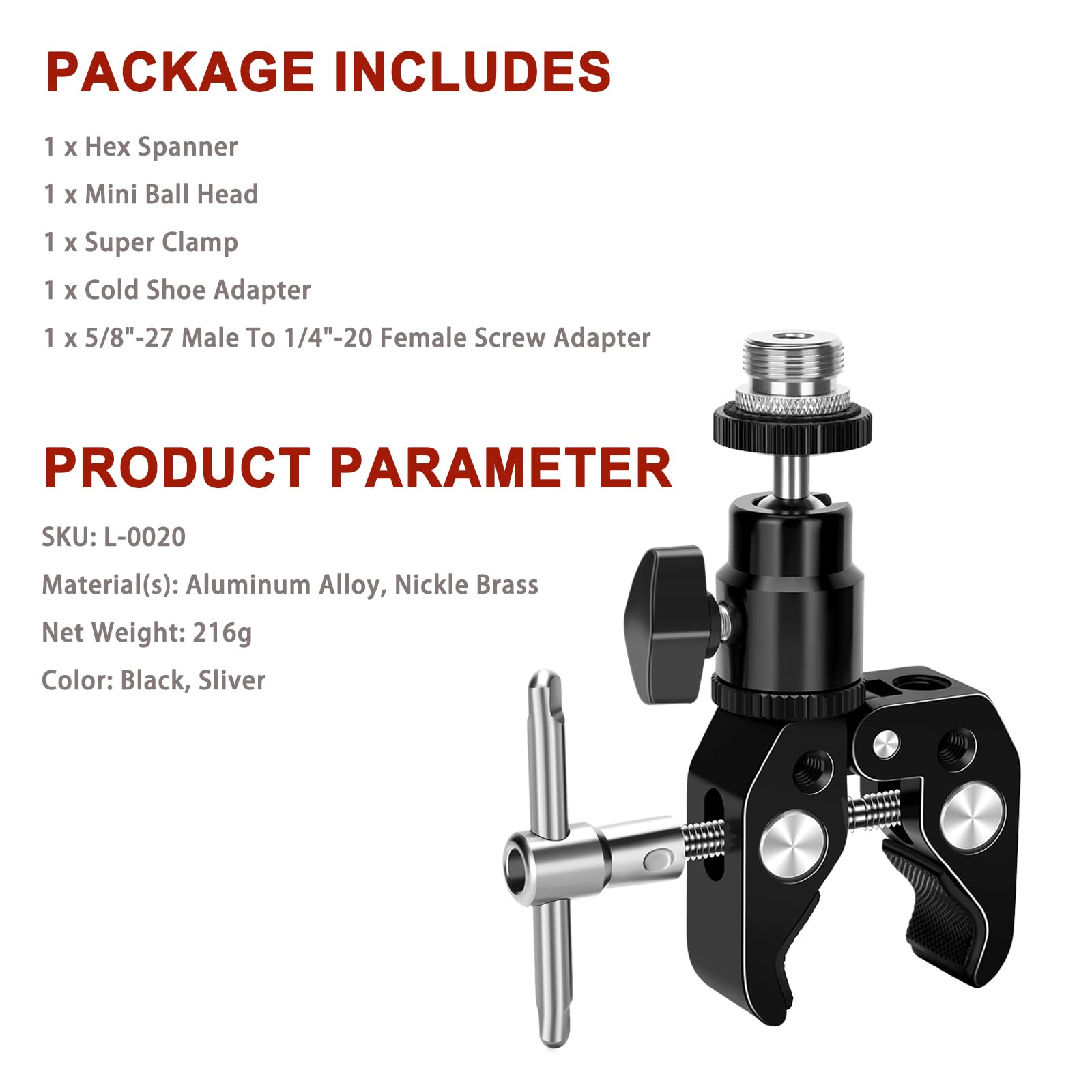 Lanxire Super Clamp Mic Clip Mic Mount with Mini Ball Head for Microphones - Max Load 4.4lb/2kg - 1/4ββ Female to 5/8ββ Male Thread Adapter Included