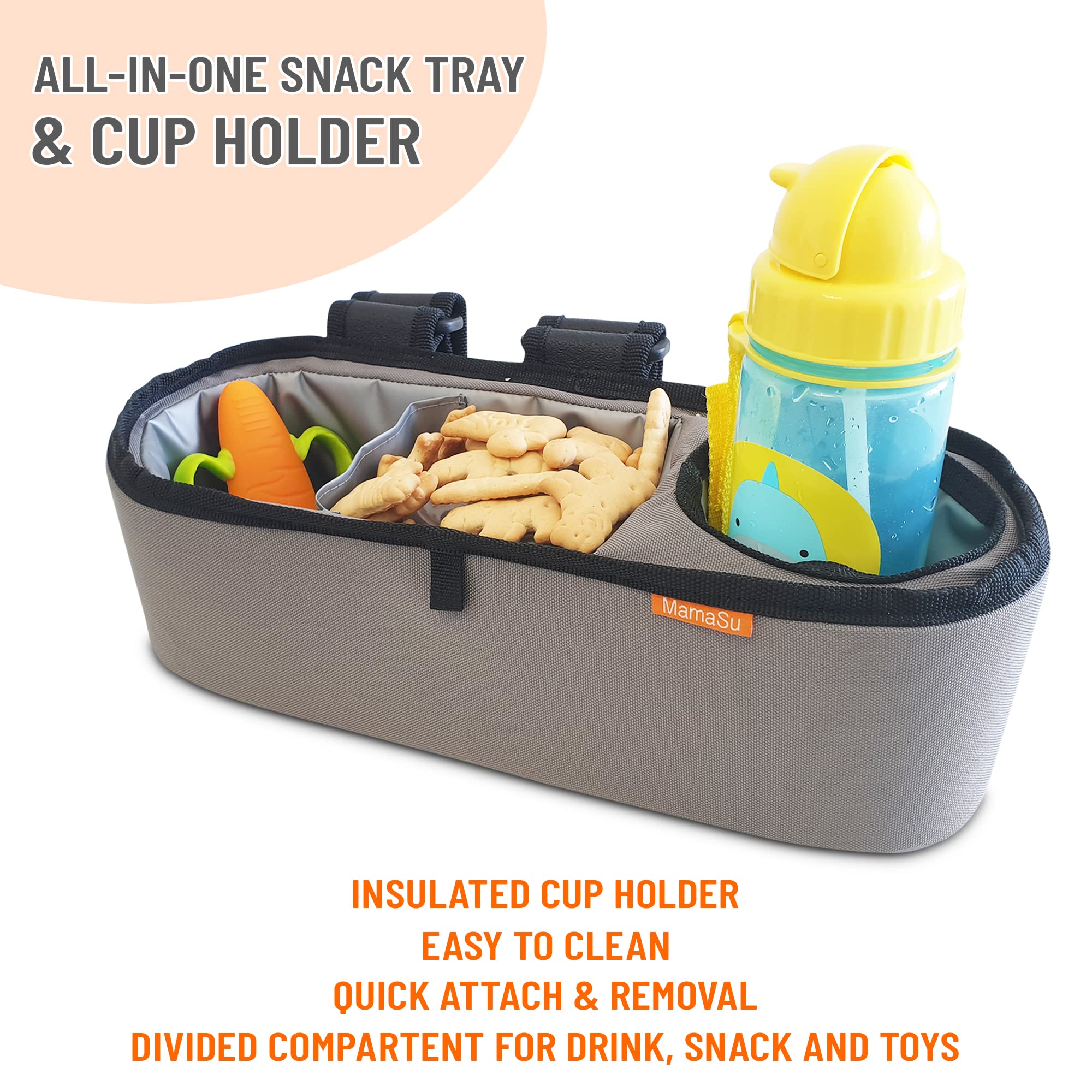 MamaSu Stroller Snack Tray - Universal stroller tray with Insulated Sippy Cup Holder - Non-Slip Straps - Universal Stroller Snack Tray Attachment Fits Most Types of Strollers (MS0922)