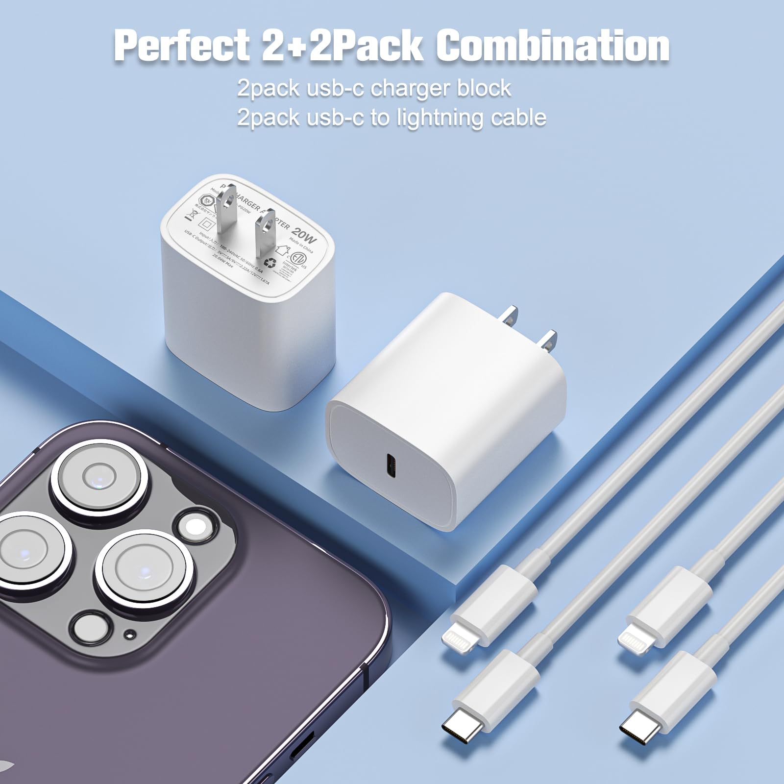iPhone Charger [Apple MFi Certified] 20W PD USB C Charger Block with USB C Lightning Cable 6FT Compatible with iPhone 14/13/12/11/Pro/Pro Max/XS/Max/XR/, iPad, AirPods (2+2 Pack)