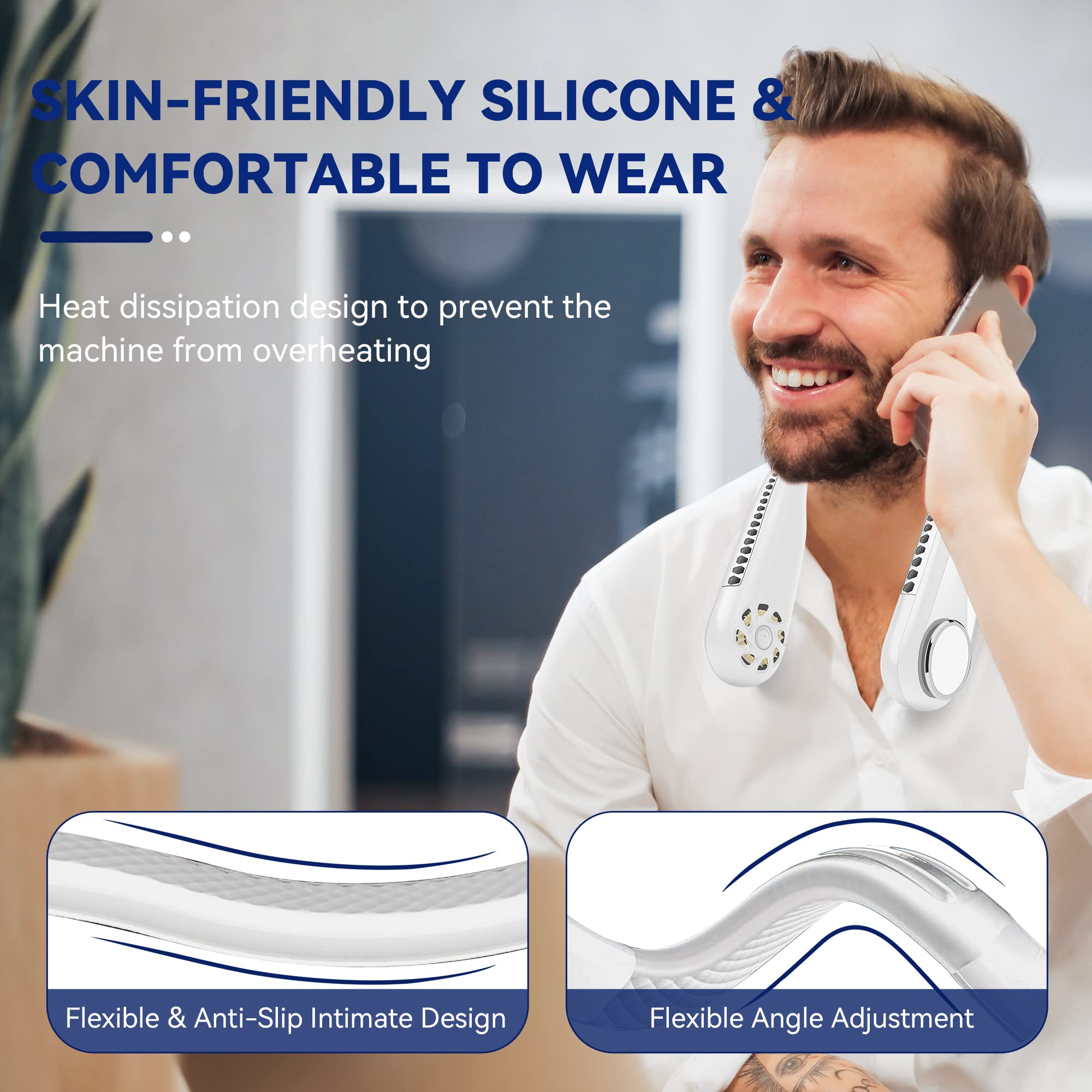 LYSHION Portable Neck Fan, Hands Free Bladeless Fan, 3 Speed Adjustment 360° Cooling Personal Fan, USB Wearable Fan（white）