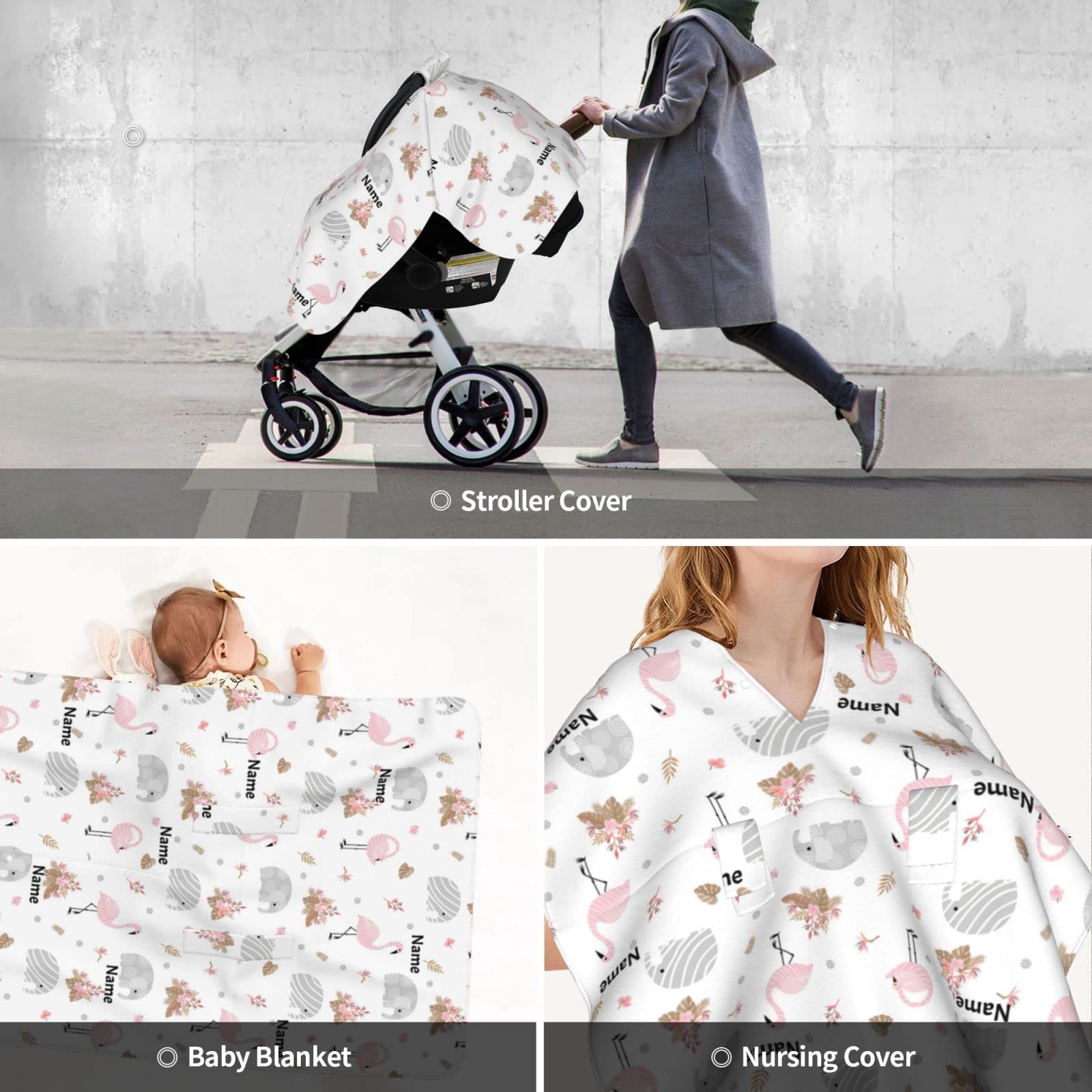 Personalized Baby Car Seat Cover Custom Name Childish Boho Elephant Flamingo Infant Carseat Canopy Multi-Use for Newborn Stroller Nursing Breastfeeding Cozy Soft Gift
