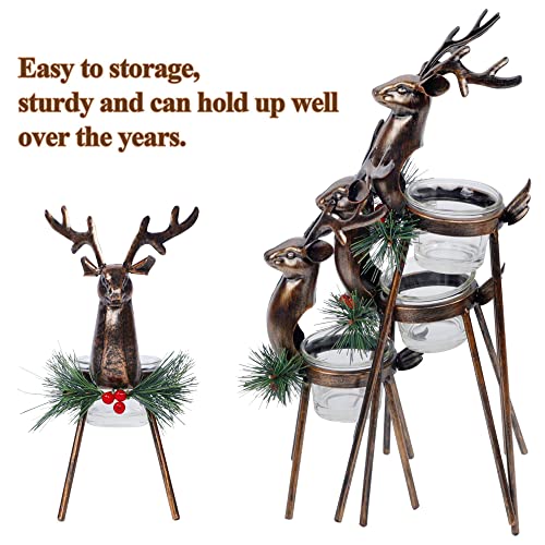 Juegoal Set of 3 Reindeer Tealight Candle Holders, Standing Iron Metal Christmas Decorations, Glass Votive Candle Holder, Durable and Rust-Proof Holiday Tabletop Centerpiece and Display