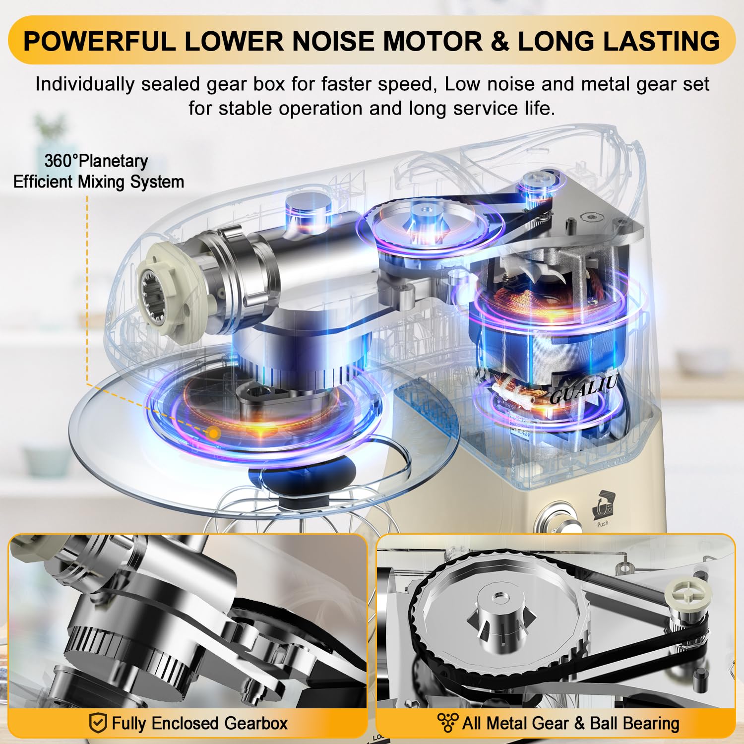 GUALIU 7-IN-1 Stand Mixer, 6+P Speeds Kitchen Electric Mixer, 5.3QT Stainless Steel Bowl Mixer With Dough Hook, Whisk, Beater, Meat Grinder, Blender, Multifunctional Household Kitchen Mixer