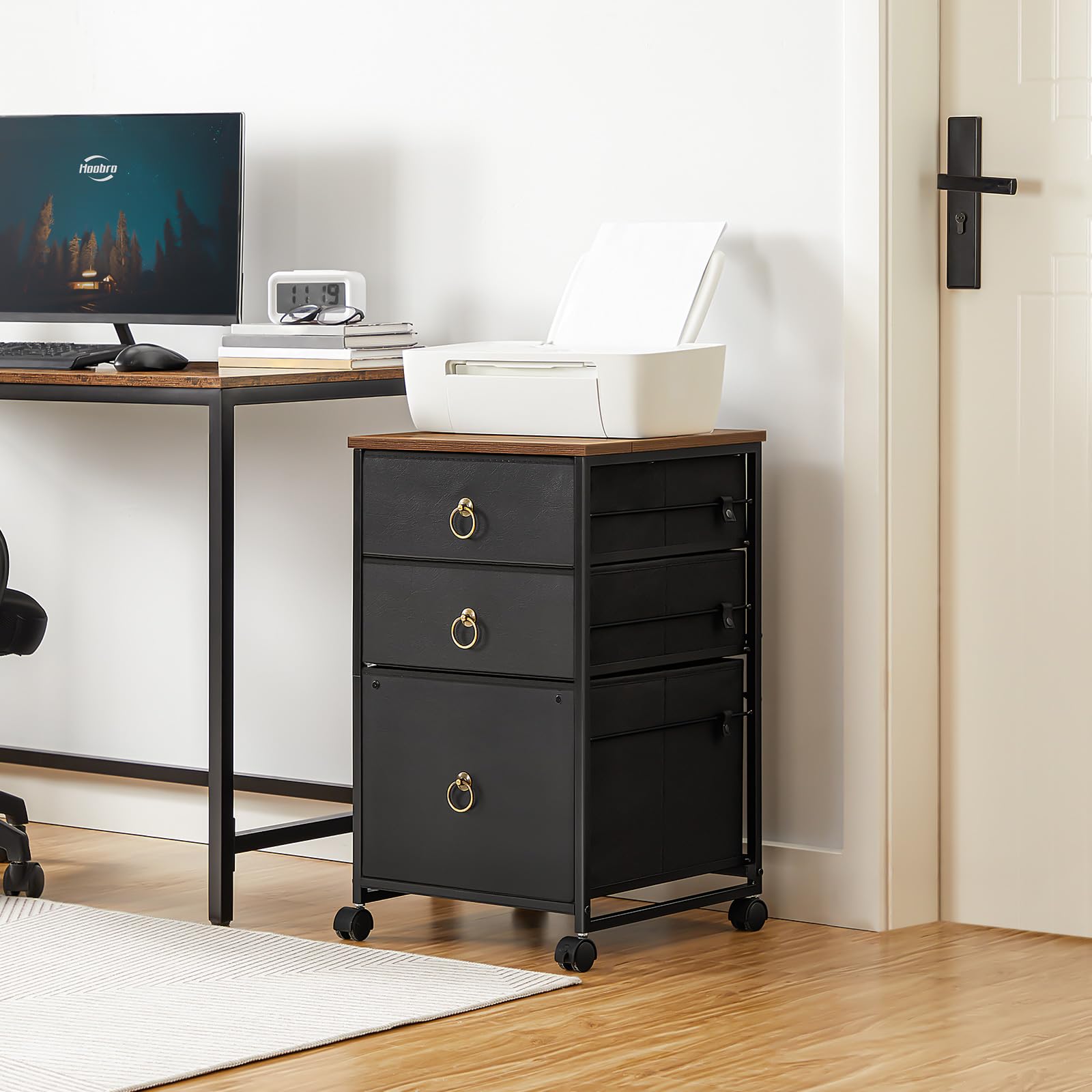 HOOBRO Mobile File Cabinet, Rolling Printer Stand with 3 Drawers, Fabric Vertical Filing Cabinet, Office Cabinet, Filing Cabinet for Home Office, A4/Letter-Sized, Rustic Brown and Black BFK30WJ01