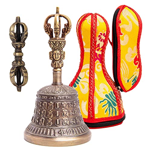 Large Tibetan Buddhist Meditation Alter Pray Singing Bowl Bell Bronze and Dorje Set 18 cm X 9 cm - Himalayan Bazaar