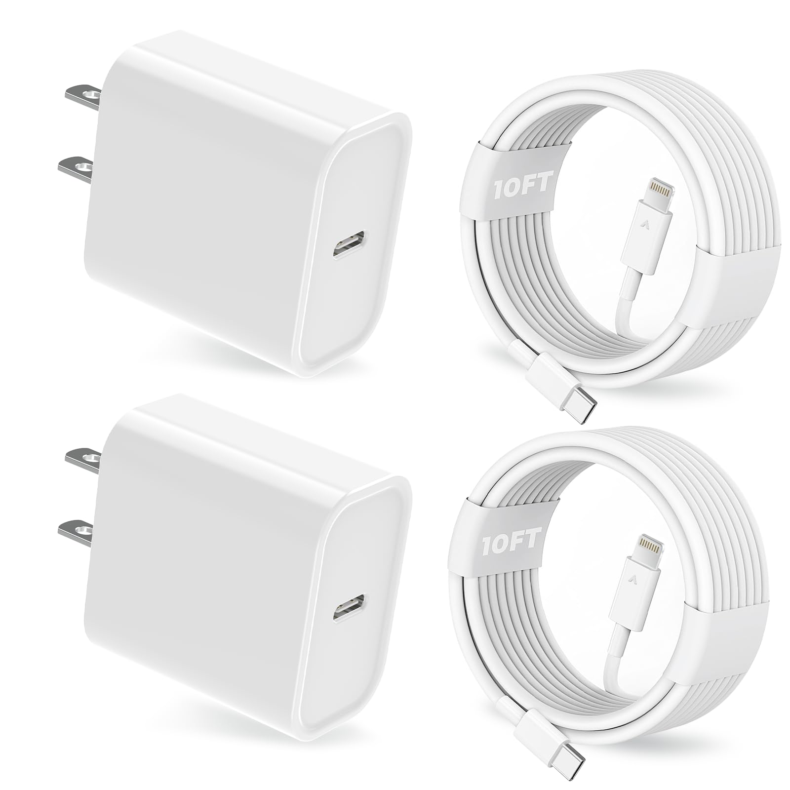 iPhone Charger, 2 Pack 20W PD USB C Wall Fast Charger Adapter with 2 Pack 10FT Long Type C to Lightning Cable Compatible with iPhone 14 13 12 11 Pro Max XR XS X,iPad