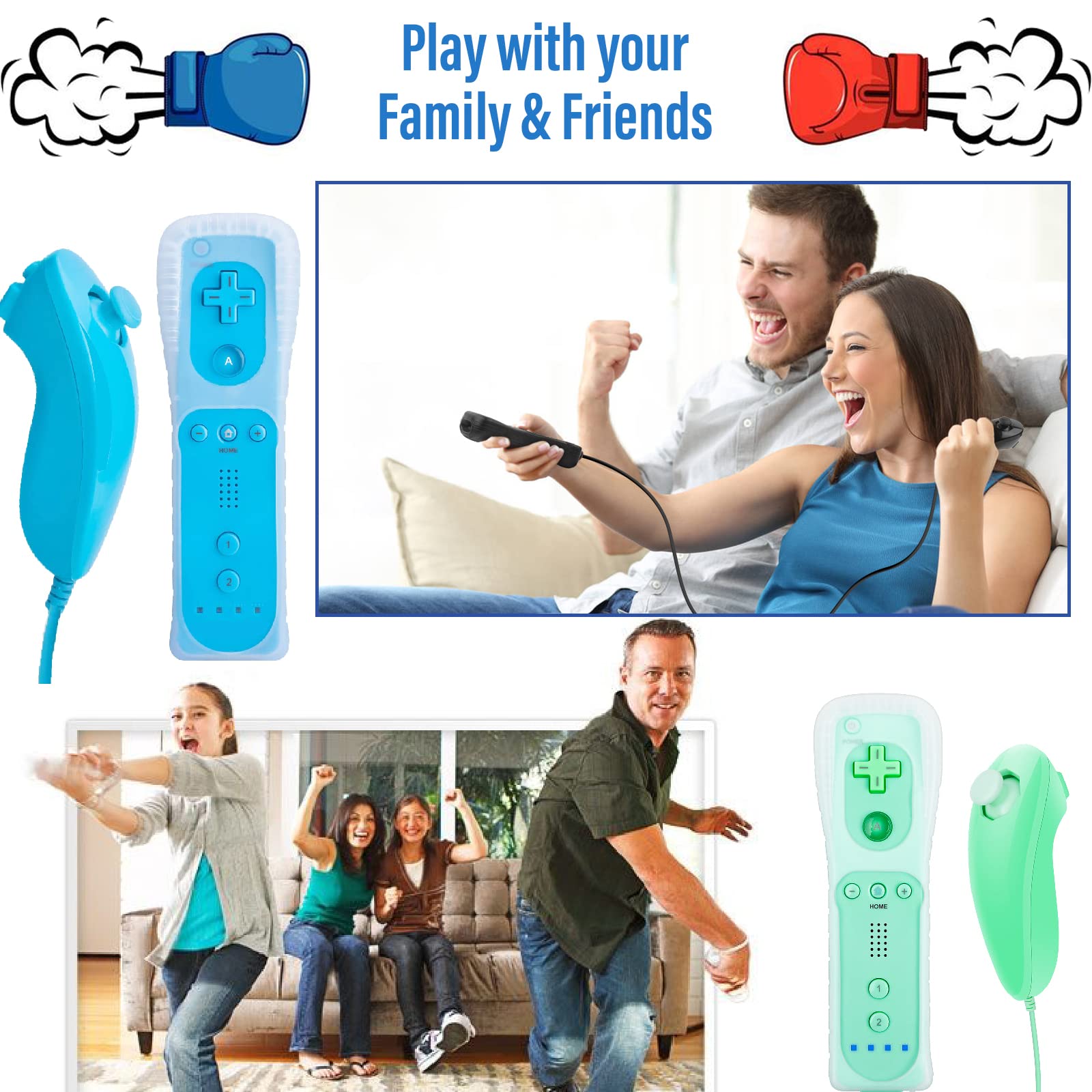 JTao-tec Wii Remote and Nunchuck Controller 2 pack Wii Remote Controller with Silicon Case for Wii and Wii U Aqua Green + Light Blue