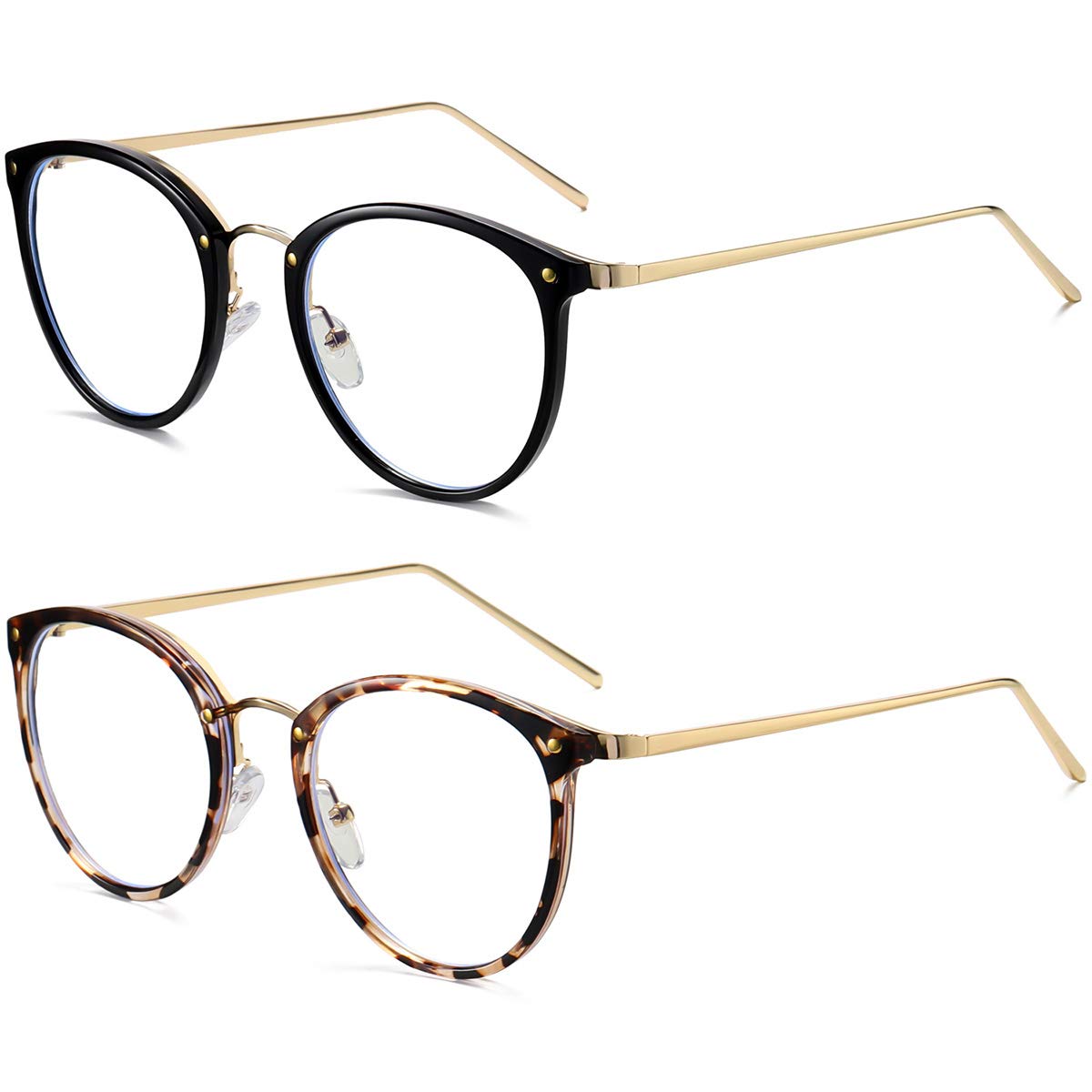 HILBALM Blue Light Blocking Glasses 2 Pack Women and Man Computer Eyeglasses Metal Frame Glasses (Leopard Print Frame/Anti-Blue Light Lens+Black Frame/Anti-Blue Light Lens)