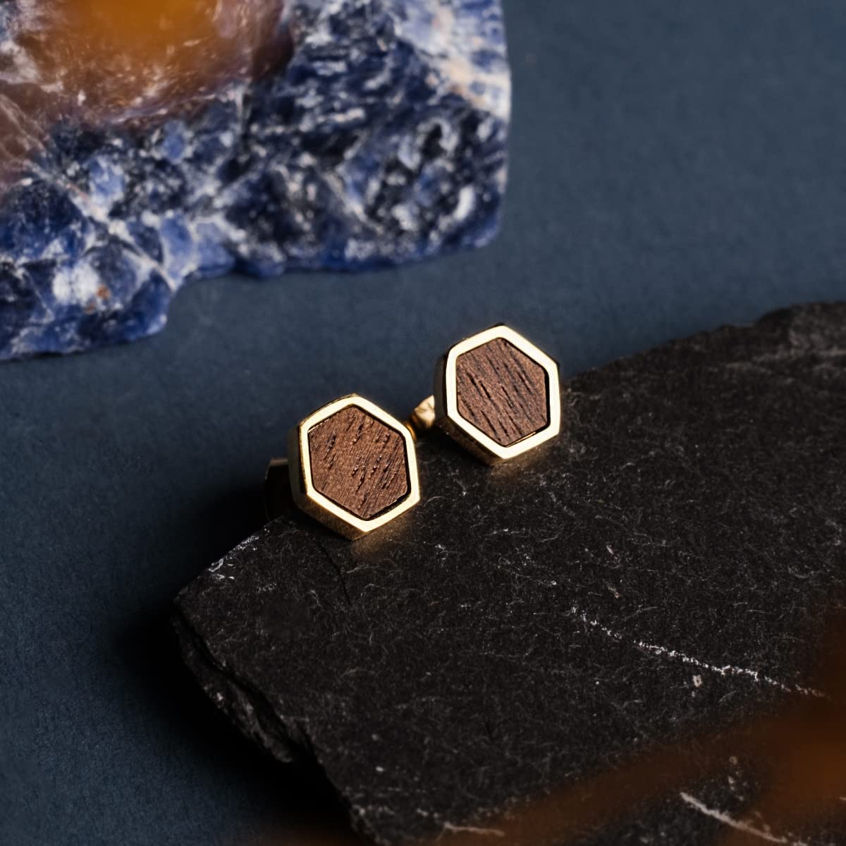 HOLZKERN Facade Composition, 24k Gold Earrings for Women with Unique Walnut Wood