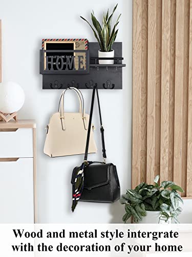 WYTAOHZL Key Holder for Wall Mail Organizer Shelf 4 Double Key Hooks Decorative Black Key and Mail Rack Mail Key Holder for Wall Metal Home Stylish Design 14.6"x8.7"x2.6"