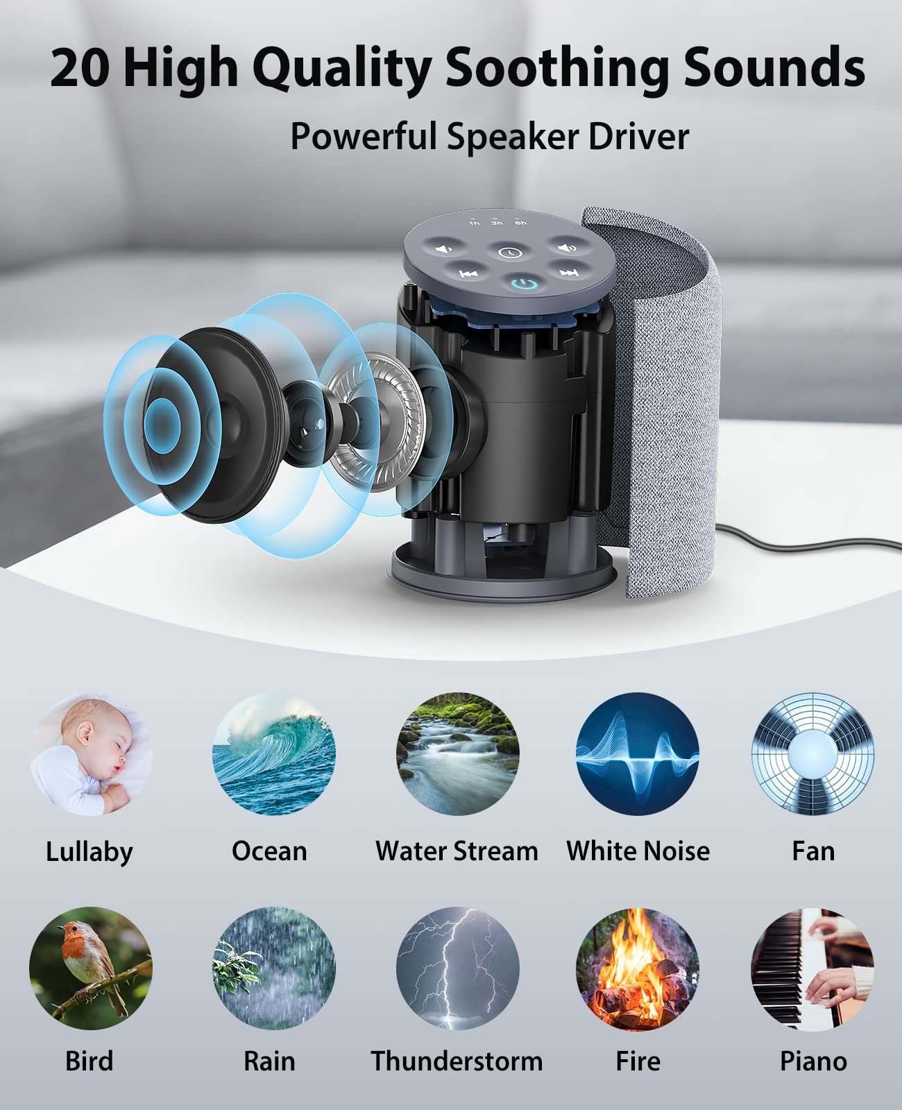 Jack & Rose White Noise Machine for Adults, Adults Sound Machine with Backlight Button & Fabric Design, Travel Sound Machine for Sleeping