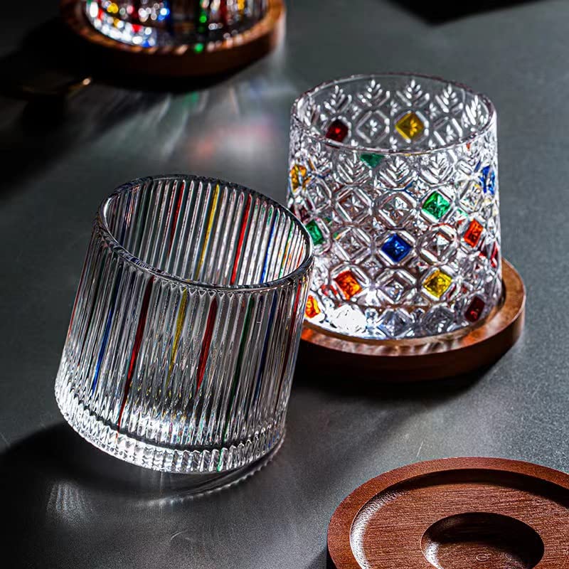 Jarler Wine Glass Crystal Whiskey Glasses Spinning Rocks Glasses with Rotatable Coaster, 9.2 Oz Hand Painted Colorful Old Fashioned Glass, Bar Tequila Glasses (Stripes, 1)