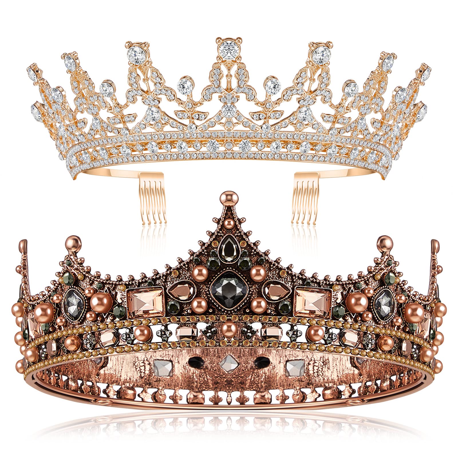 Juexica 2 Pieces Crowns King and Queen Wedding Crown and Tiaras for Women Men Halloween Princess Vintage Headband Birthday Crown Bridal(Retro Gold, Gold)