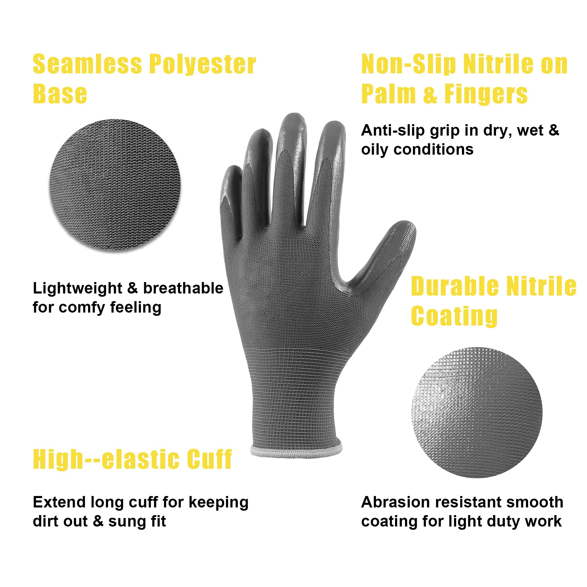 Jack Boss 12 Pairs Safety Work Gloves, All-Purpose Gardening Glove with Nitrile Coated and Seamless Knit, Suitable for both Man & Woman Working Fishing, Large