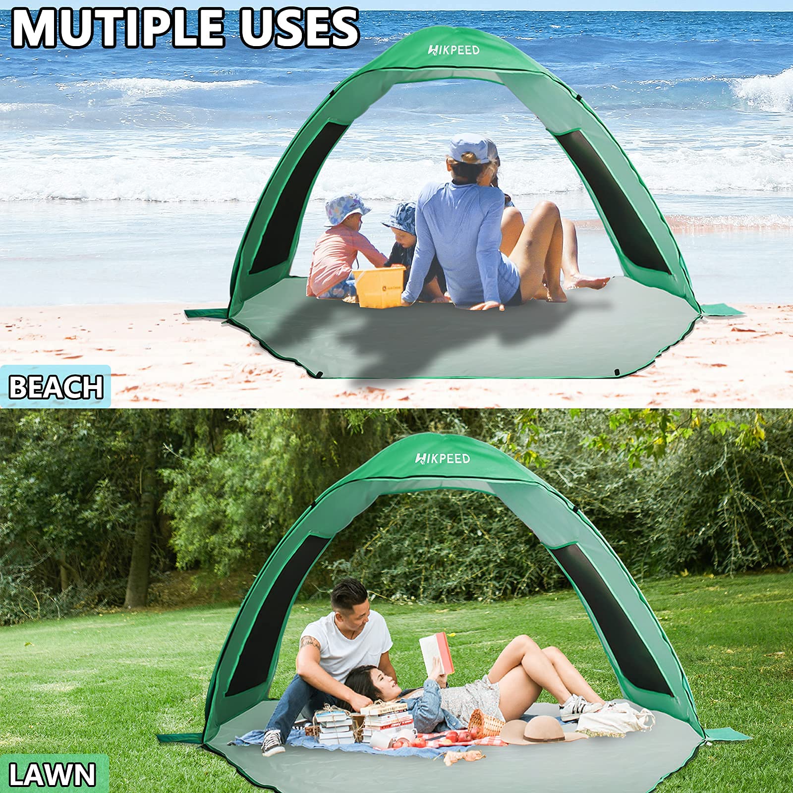 HIKPEED Pop Up Beach Tent for 3-4 Person, Beach Shade Sun Shelter - Beach Tent Pop Up Shade with 2 Doors, Portable Easy Set Up Beach Canopy, with Carry Bag & Stakes & Guy Lines