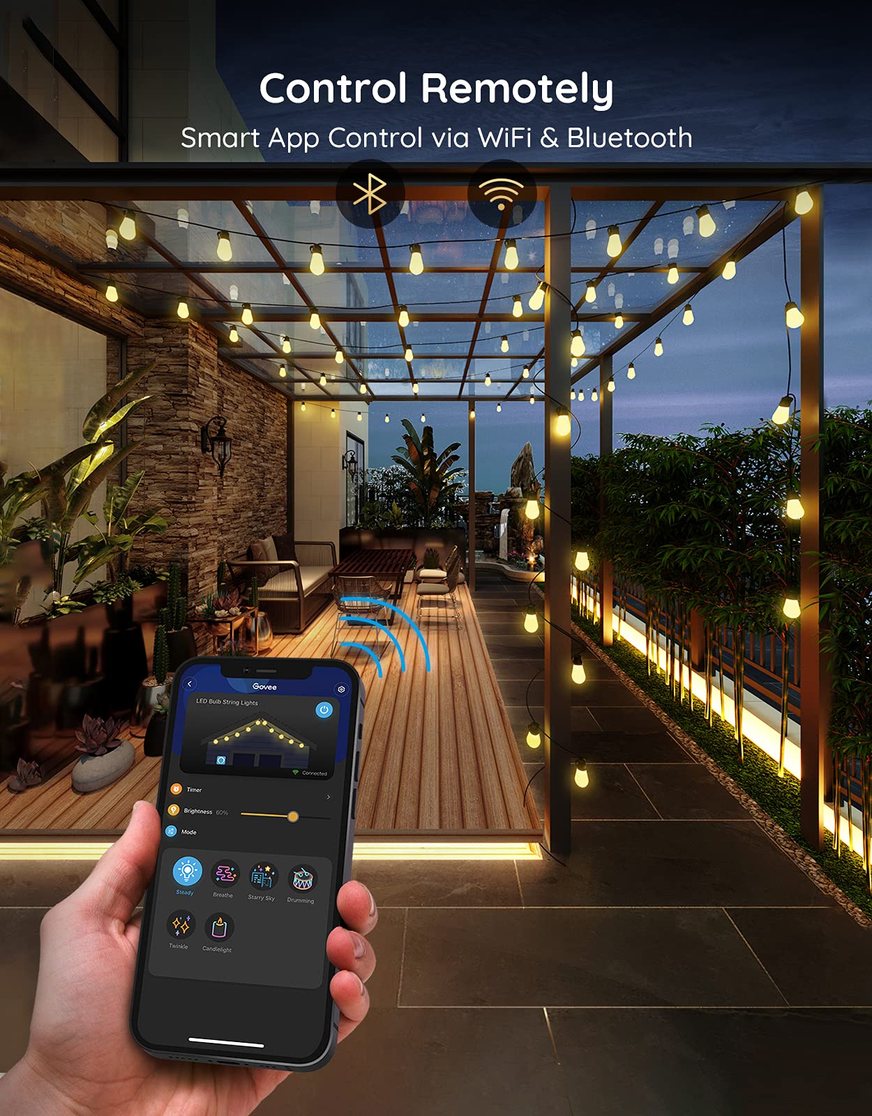 Govee Outdoor String Lights, 96ft WiFi Alexa String Lights with App Control, IP65 Waterproof Outdoor Lights with 30 Dimmable Warm White LED Bulbs for Balcony, Backyard, Party