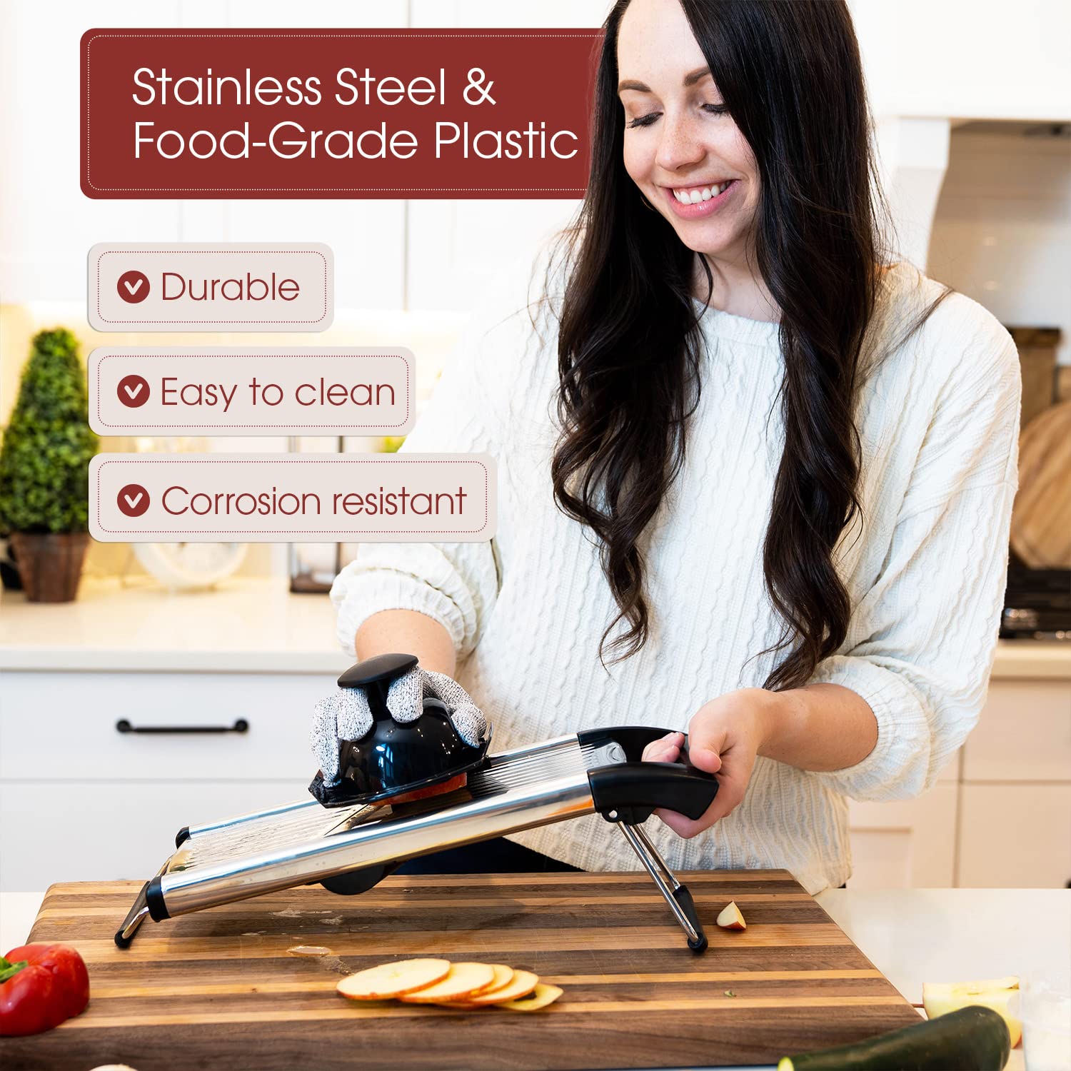 Mandoline Slicer β 6-Setting Adjustable Mandoline Slicer for Kitchen, 16.5 x 5 In. Platform, Hand Guard, Cut-Resistant Gloves β Vegetable Chopper, Meat Slicer, Cheese Slicer by Medove