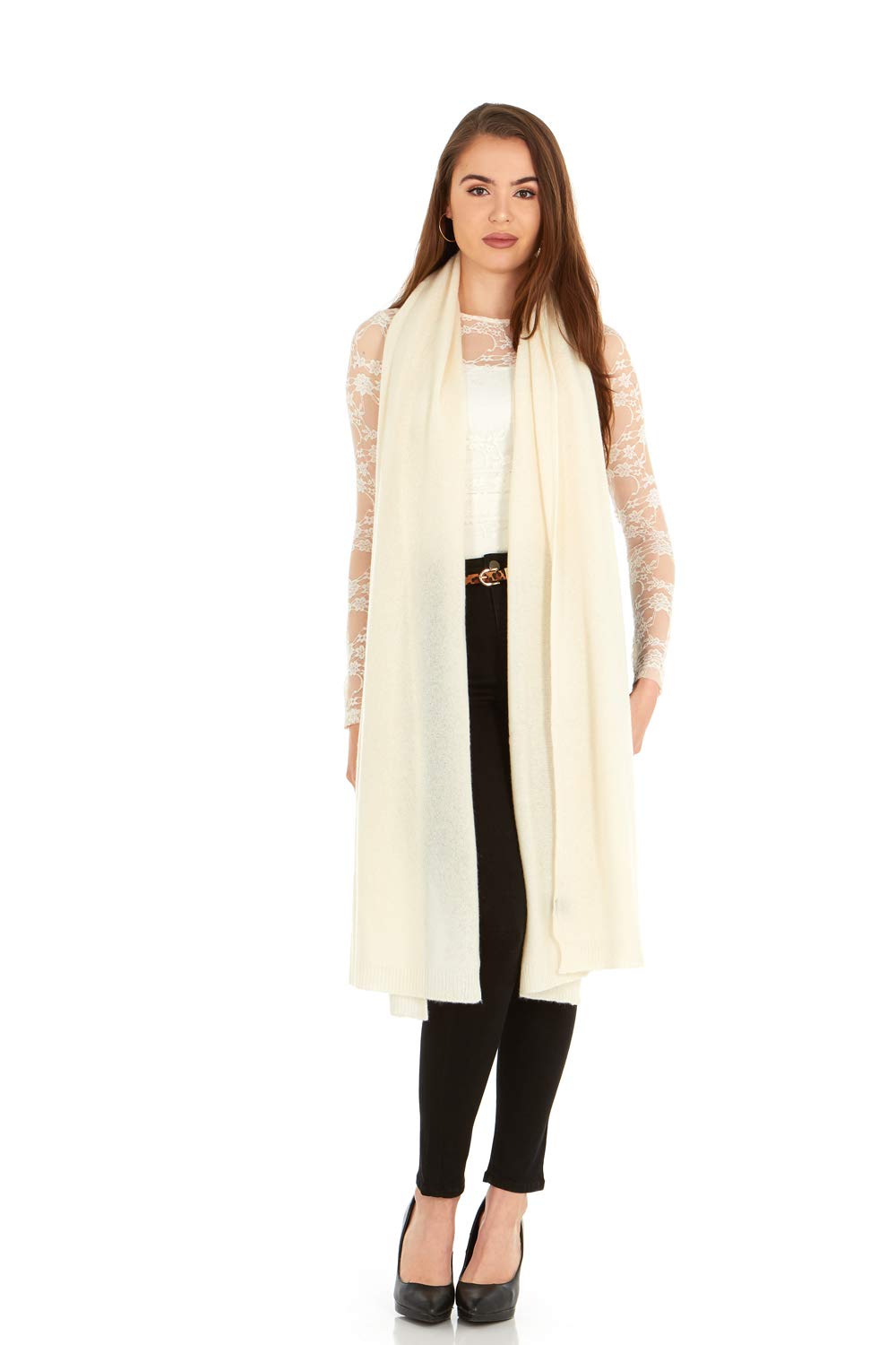 Manio Cashmere 100% Cashmere Knitted Wrap Pashmina Shawl Extra Large Scarf Stole for Women Travel (White)