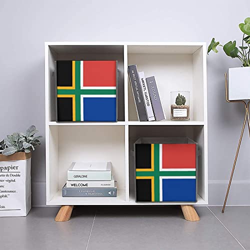 South African Nordic Cross Flag PU Leather Collapsible Storage Bins Canvas Cube Organizer Basket with Handles