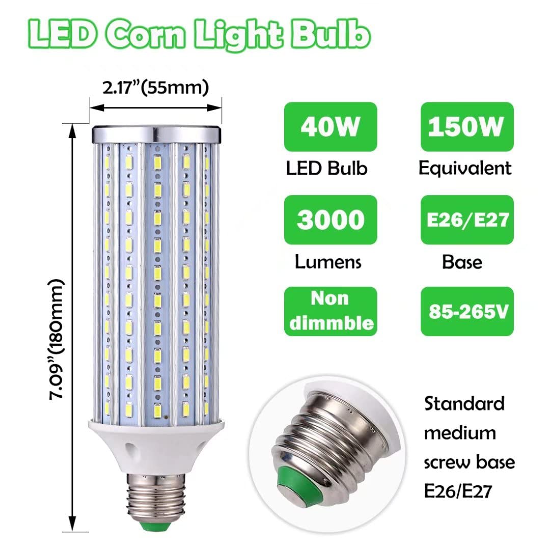 HengBo 40W LED Corn Light Bulb, 150W Equivalent E26 Medium Screw Base 6500K Daylight Non-Dimmable LED Studio Light Bulb Lamp for Garage Warehouse Factory Photography Video Studio Lighting
