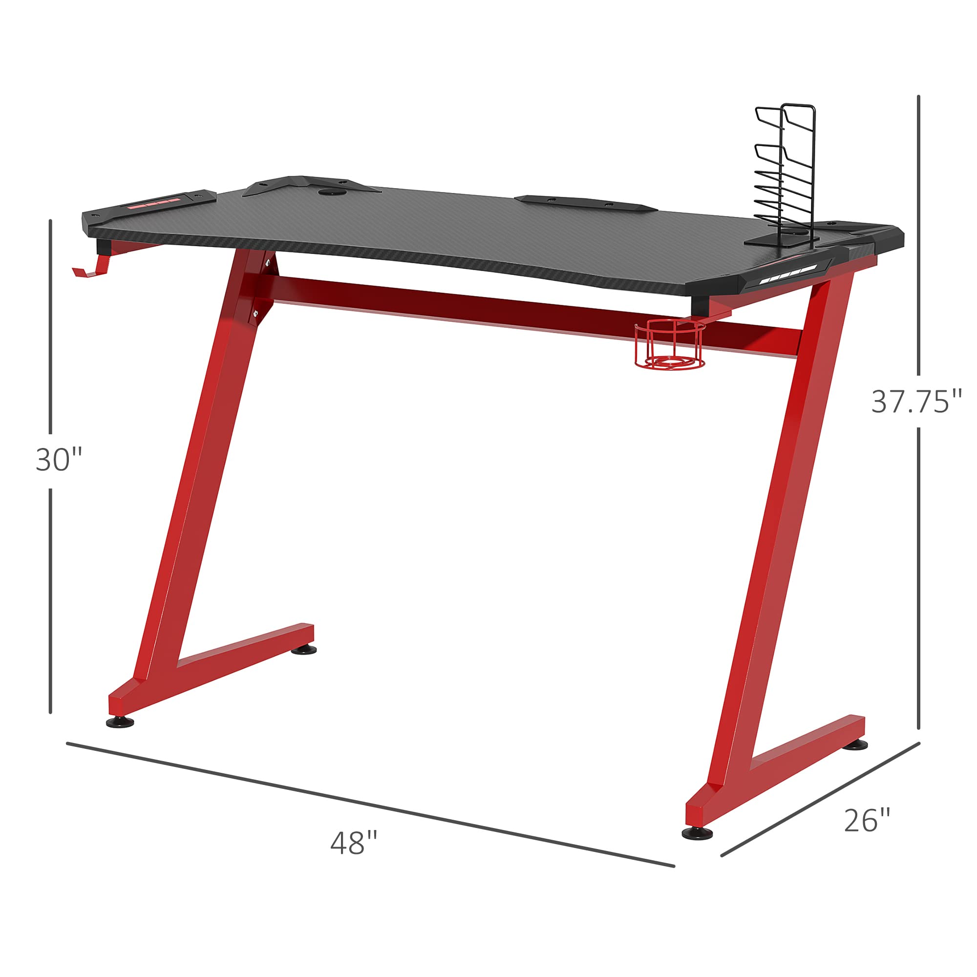 HOMCOM 48 Inch Gaming Desk with Large Tabletop, Racing Computer Desk with Cup Holder and Headphone Hook, Black/Red