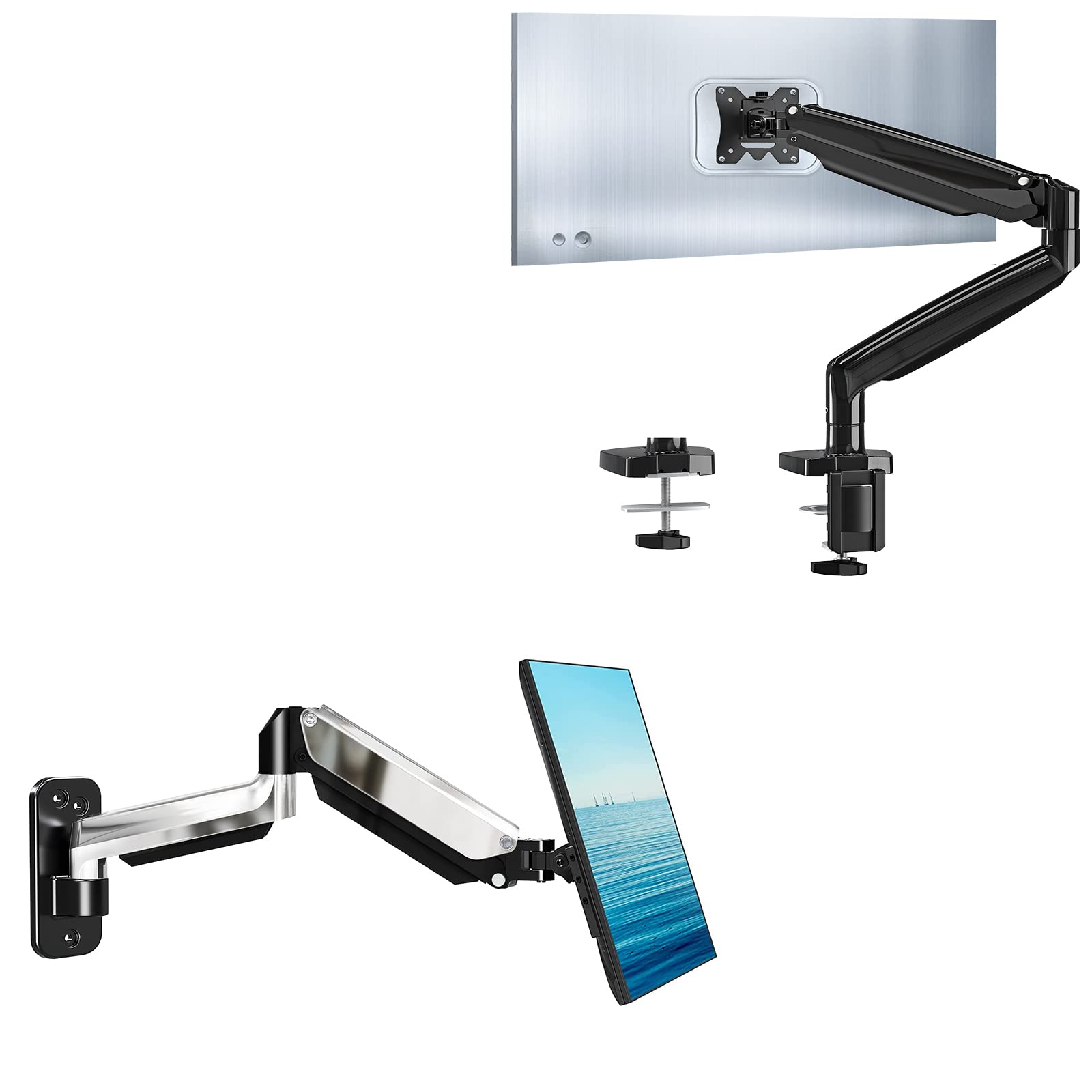 MOUNTUP Single Monitor Wall Arm & Ultrawide Single Monitor Desk Mount Bundle