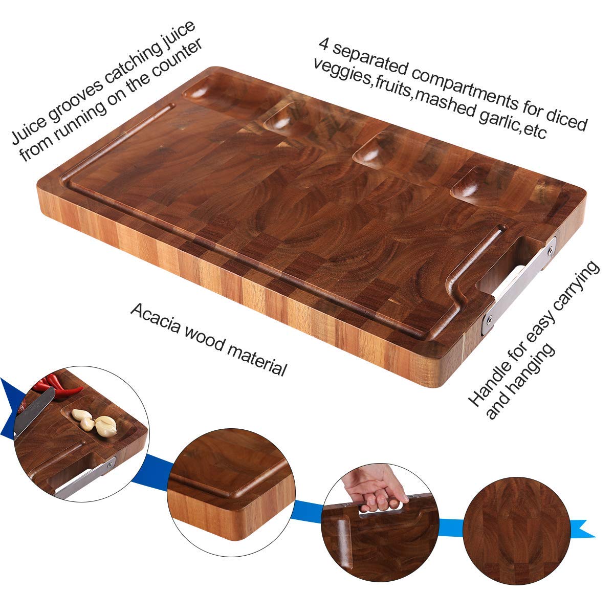 HHXRISE Acacia Wood Cutting Board for Kitchen, with 4 Built-in Compartments and Juice Grooves, Chopping Board with Handle, Butcher Block, Carving Board