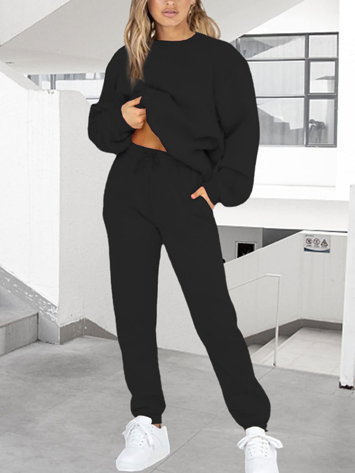 KANSOON Jogger Sets for Women 2 Piece Sweat Suit Casual Solid Color Round Neck Tops Sweatpants Outfits Lounge Set Black XXL