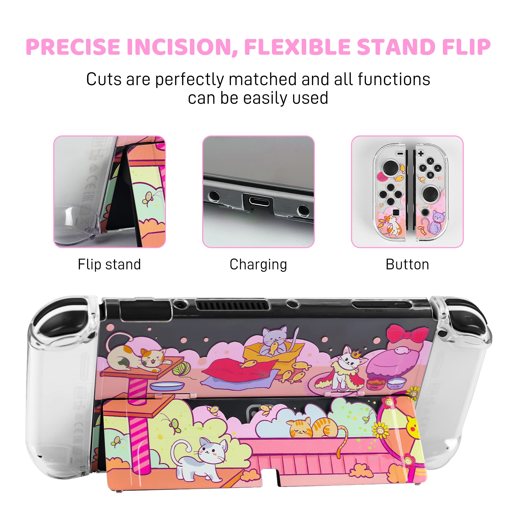 LASTYAL Pink Dockable Cover Case for Nintendo Switch OLED with Cute Cats, Transparent Protective Shell Compatible with Switch OLED Console, Comfortable Grip Shell for Joycon Controller - Cats Paradise