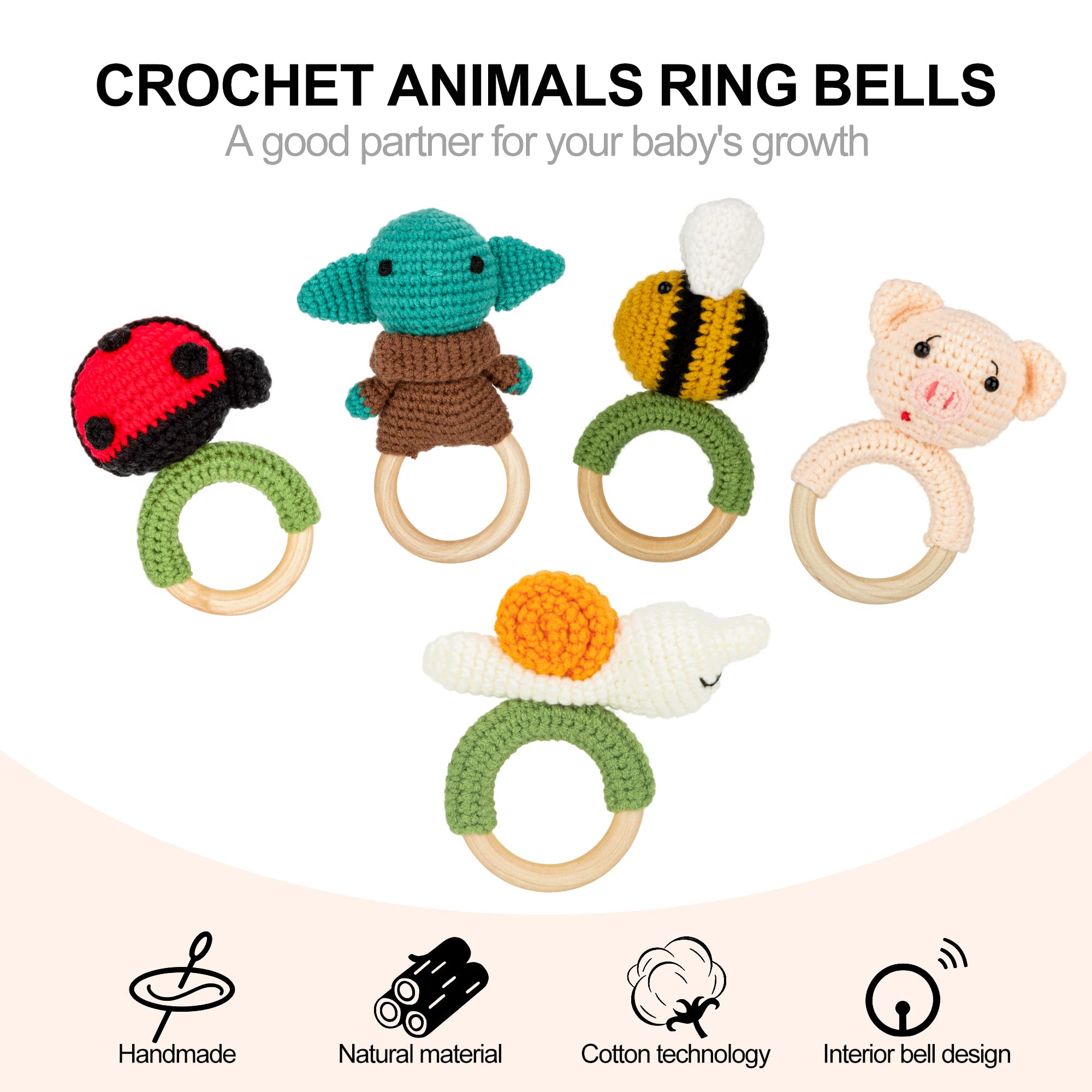 LUJCCHY Animals Wooden Baby Rattle Toys Stuffed Crochet Rattle with Teether Ring for Newborn, Shaker Rattles Natural Infants First Toy Gift