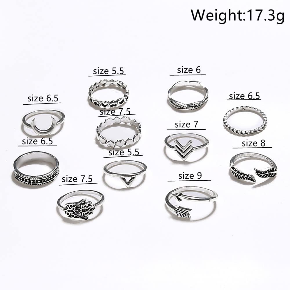 Jumwrit Bohemian Knuckle Rings Set Vintage Finger Rings Set Midi Rings Love Heart Ring Index Rings Silver Band Ring Stackable Rings for Women(11PCS)