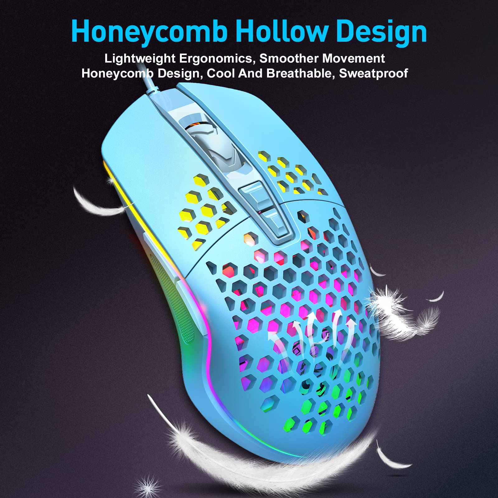 HETOETF Lightweight Gaming Mouse, Wired USB PC Gaming Mice with Ultralight Honeycomb Shell, RGB Chroma LED Light, 6400 DPI Adjustable, Pixart 3325, Programmable 7 Buttons Mouse for Windows 7/8/10/XP