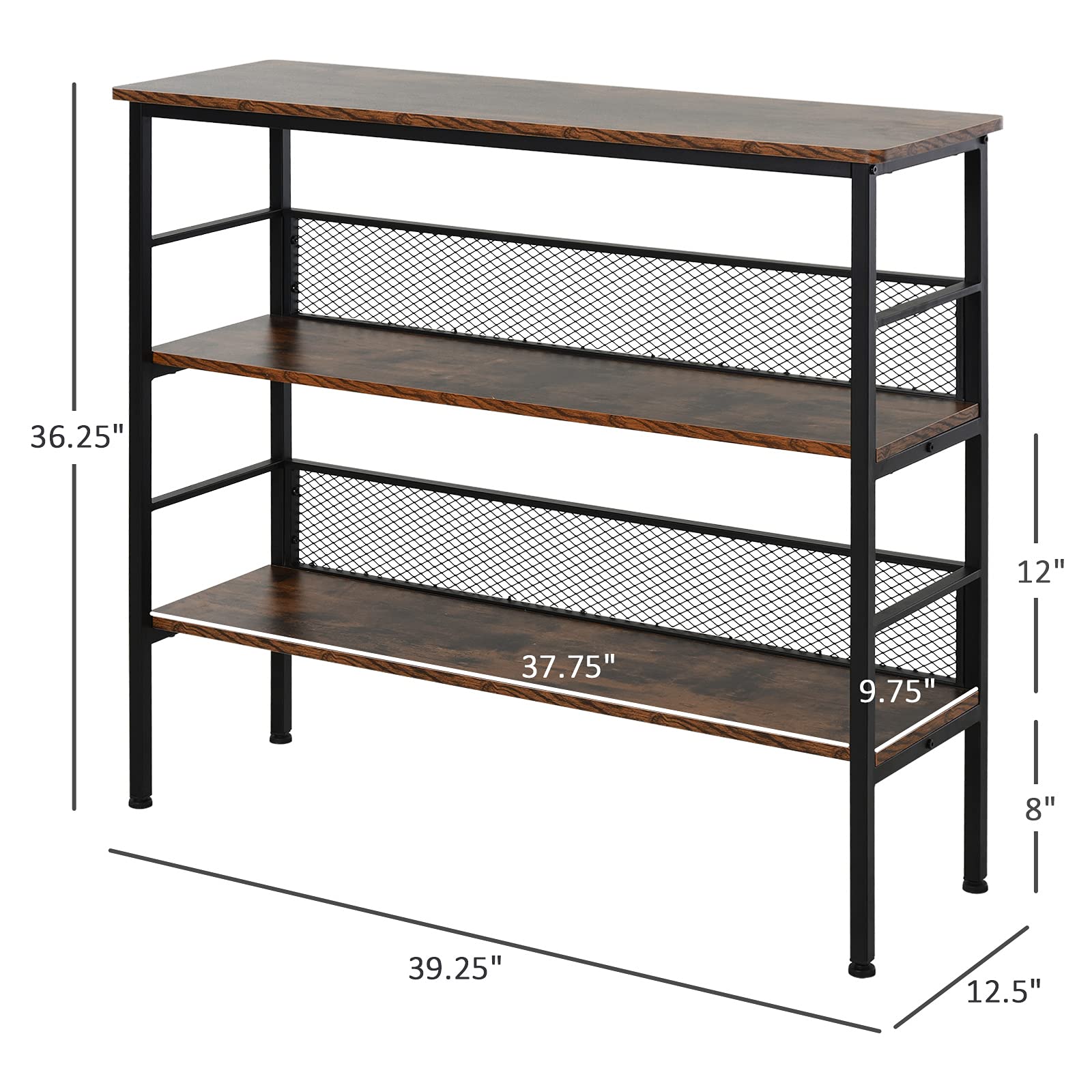 HOMCOM 3-Tier Console Table Industrial Style Storage Metal Wooden Shelf with a Robust Multi-Functional Design & Adjustable Feet, Black