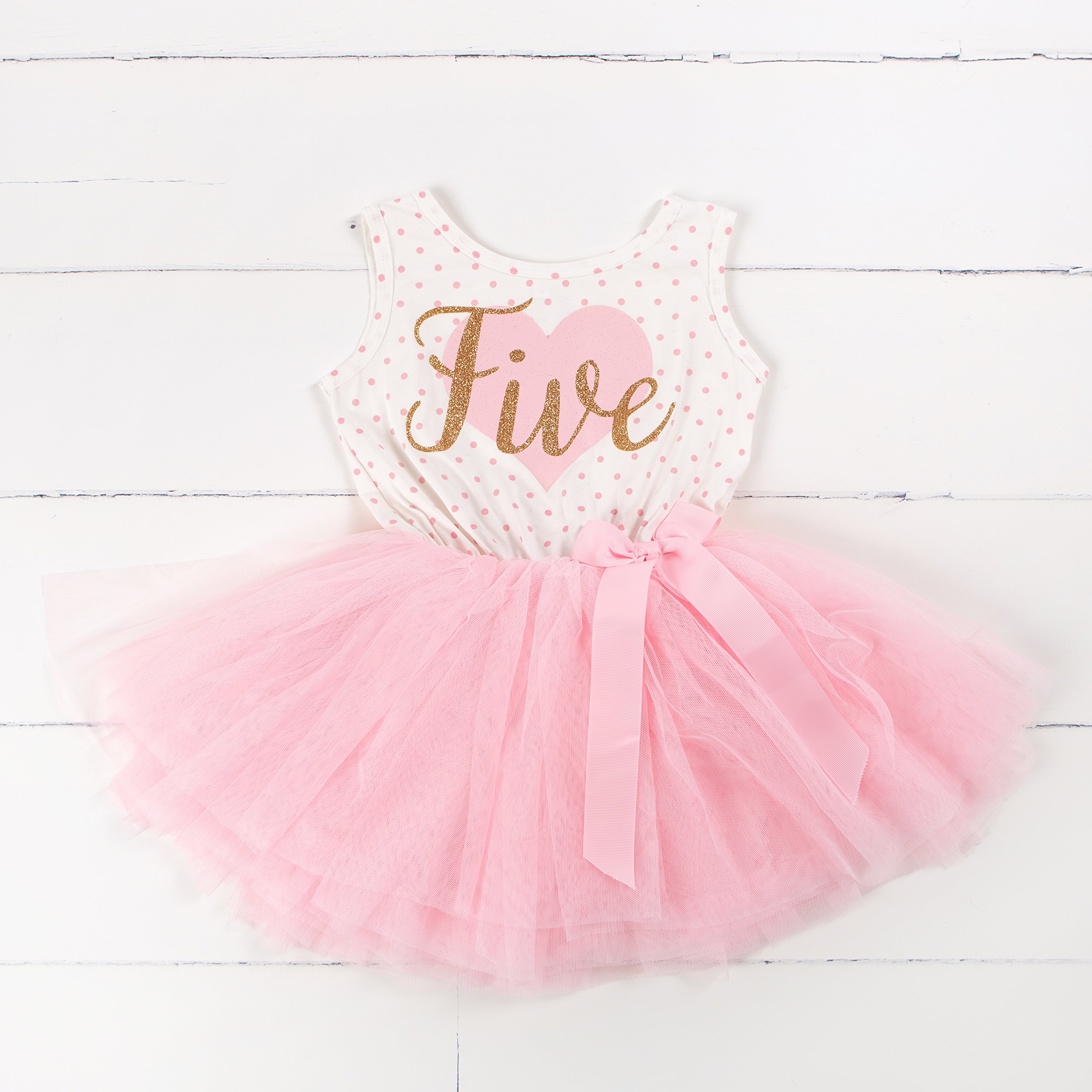 Grace & Lucille 5th Birthday Dress (Pink Polka Dot Sleeveless, Flat Heart Gold, 5T)