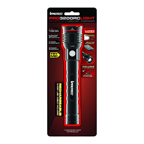 iProtec Pro 3200 RC Lumen-Power Bank Flashlight, Waterproof and Impact Resistant Design with Rechargeable USB Cable, Black, One-Size